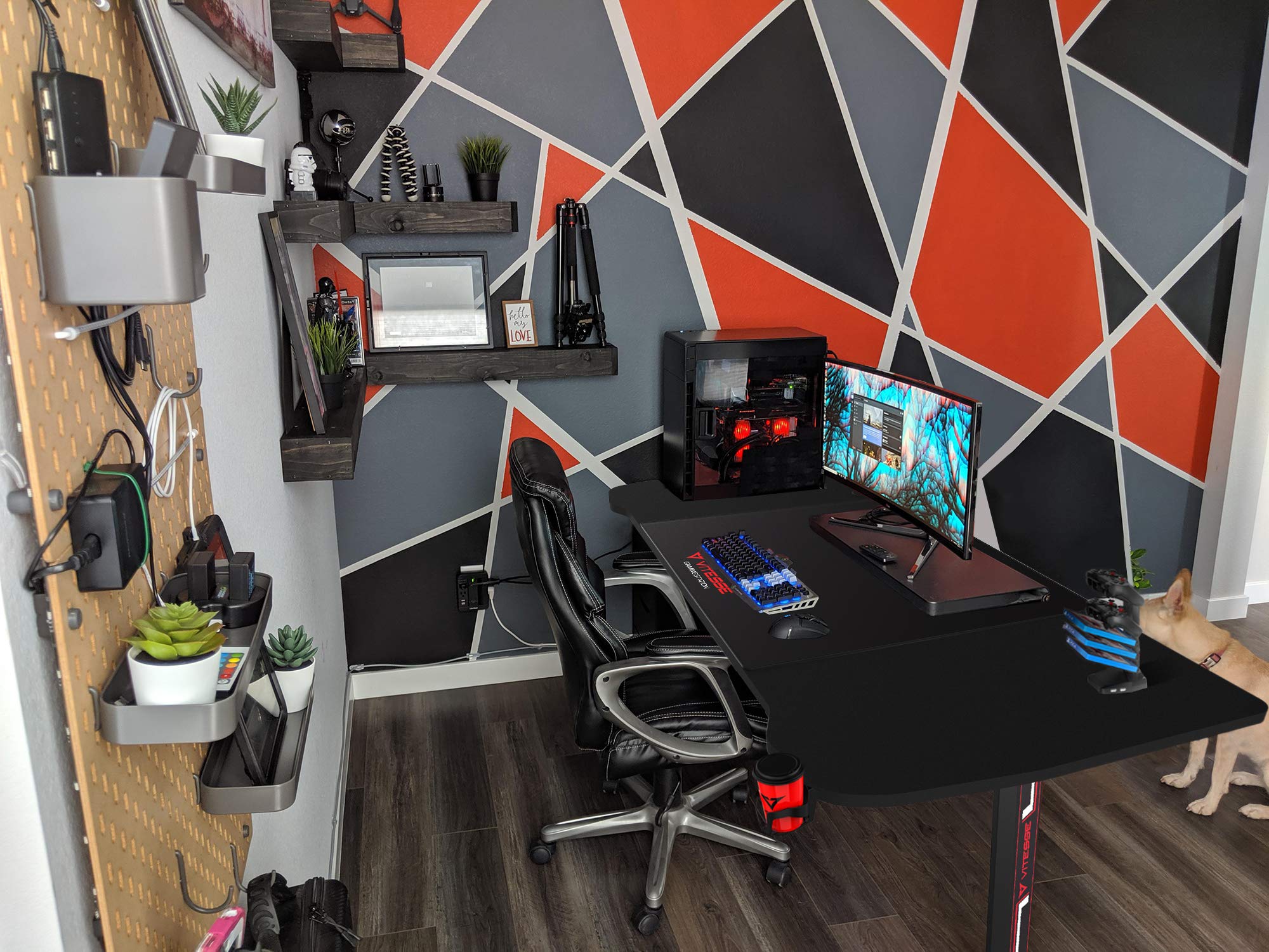 VIT 63 Inch Ergonomic Gaming Desk, T Shaped Office PC Computer Desk with Full Desk Mouse Pad, Gamer Tables Pro with USB Gaming Handle Rack, Stand Cup Holder&Headphone Hook, Carbon Black