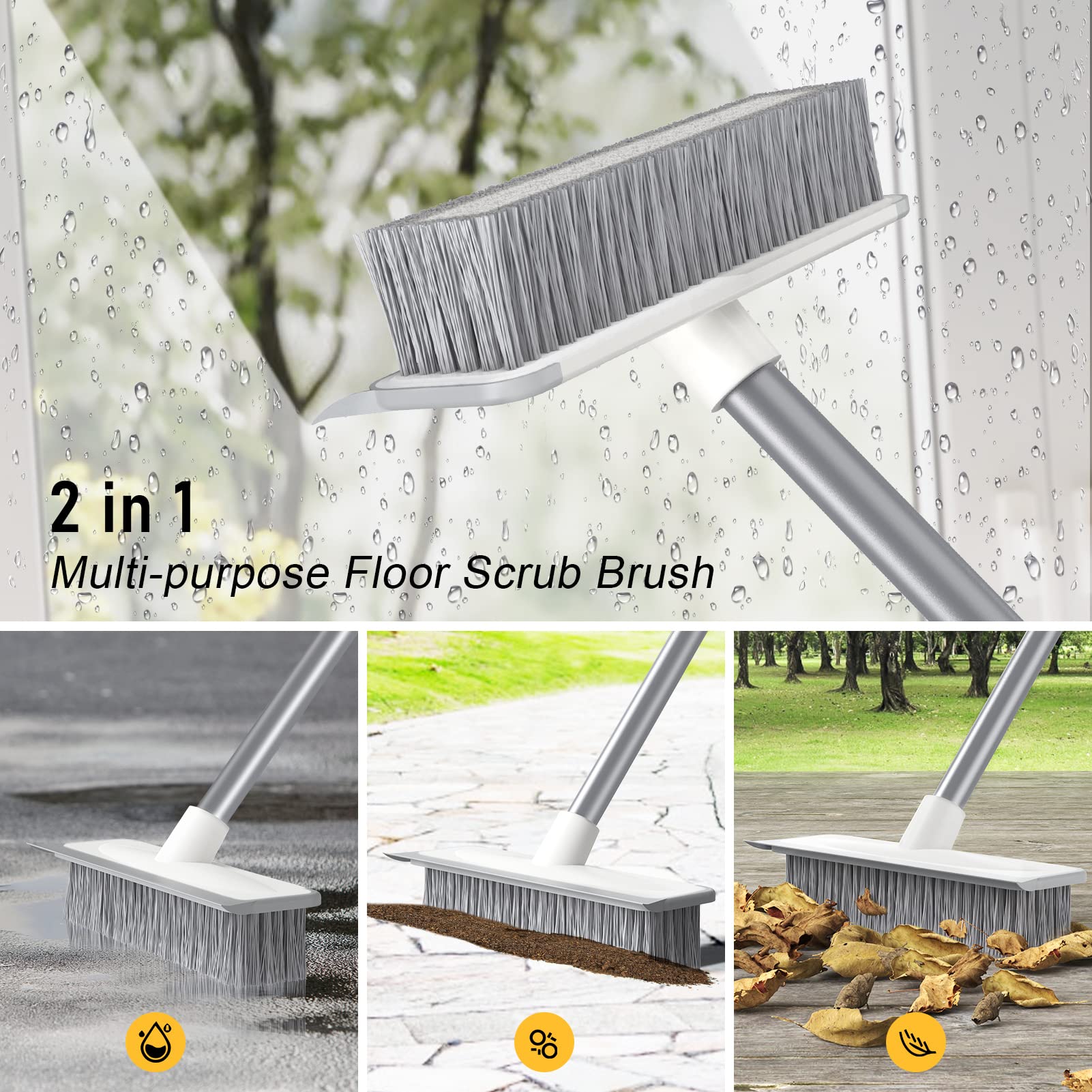 Sunally Floor Scrub Brush and Grout Scrub Brush Combo Kit with 57" Long Handle, 2 in 1 Scrape Brush Stiff Bristle, Shower Floor Scrubber, Deep Cleaning Brush Set for Multiple Scenes, Grey White