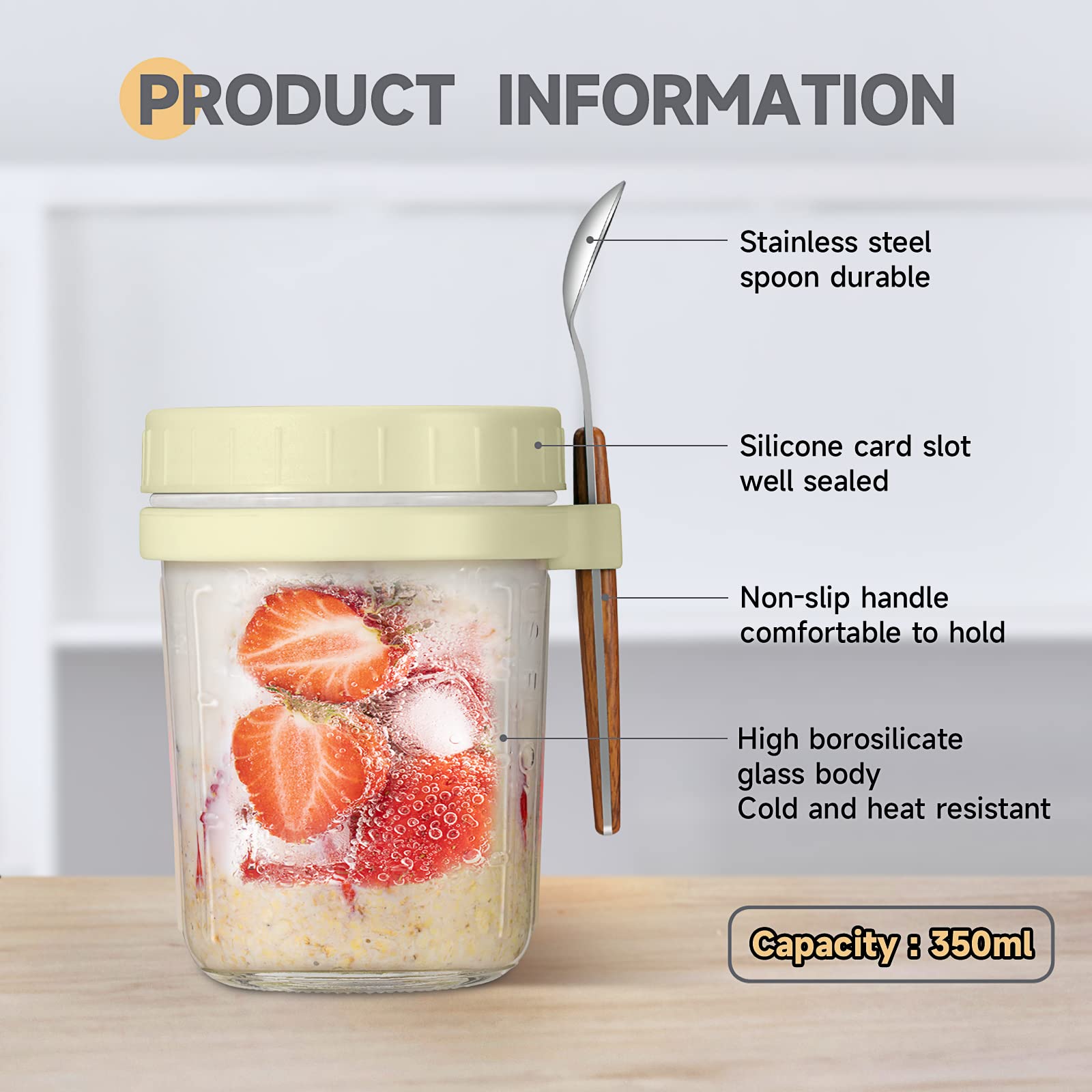 Wdcme 4 Pack Overnight Oats Containers with Lids and Spoons, 12 oz Glass Overnight Oats Jars, XZ02