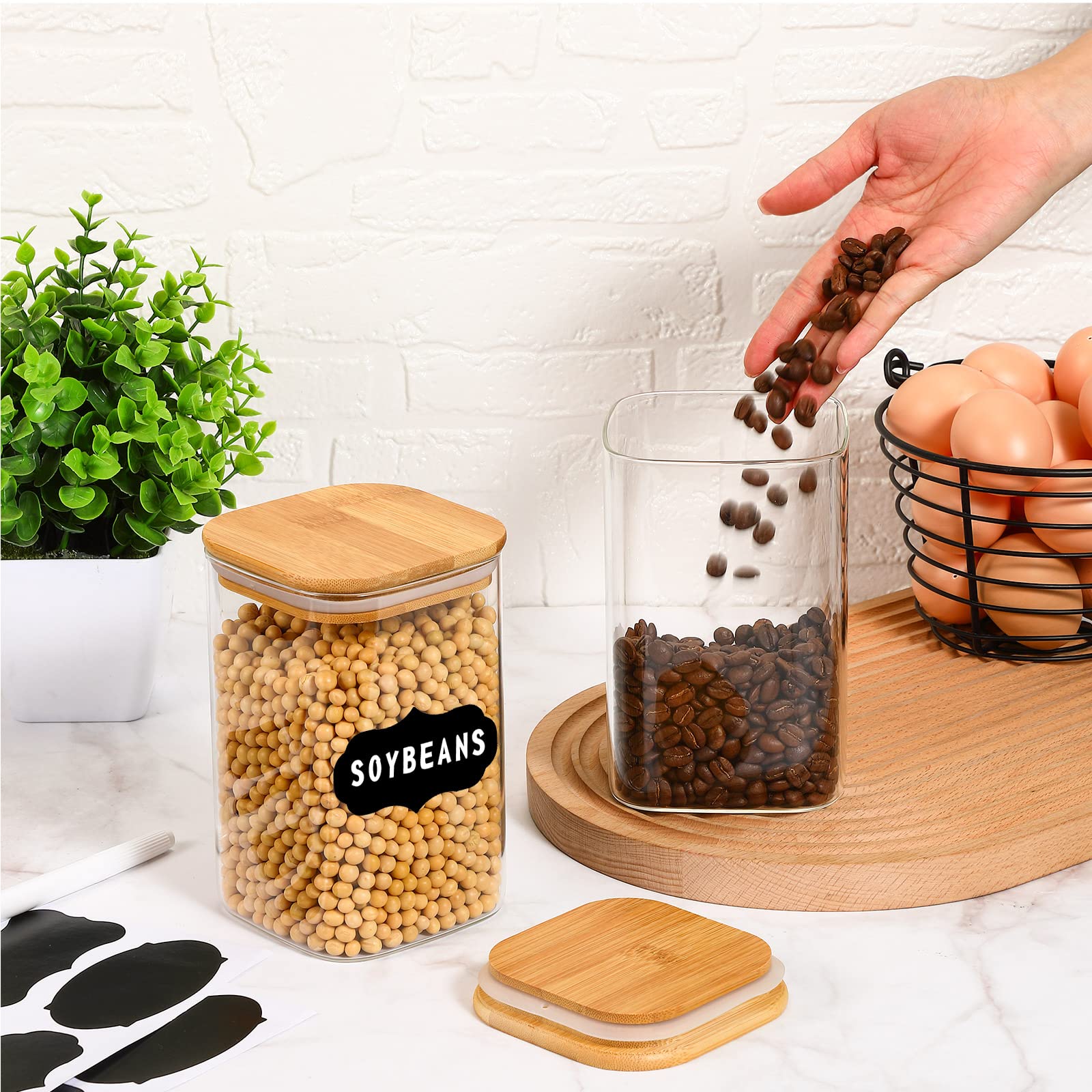 Roshtia Airtight Food Storage Containers with Bamboo Lids 6 Pieces 40 oz Glass Sugar Container 16 Labels 2 White Pens and 6 Brushes for Kitchen Seasoning Coffee Herb Spice Tea