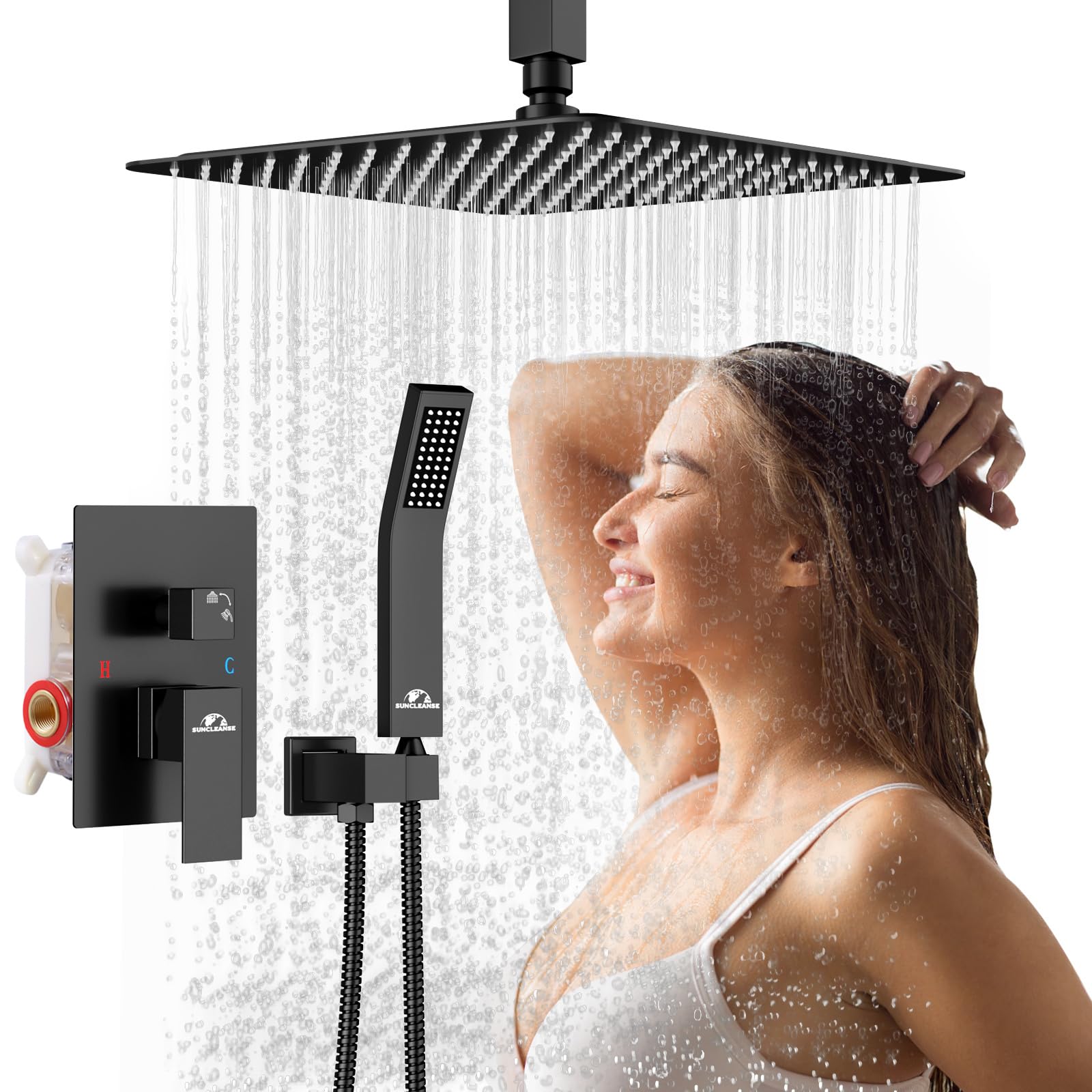 SunCleanse Rainfall shower faucet set Matte Black Shower Combo Set for Bathroom with High Pressure 10 inch shower head with handheld shower valves shower head and handheld Ceiling Mounted