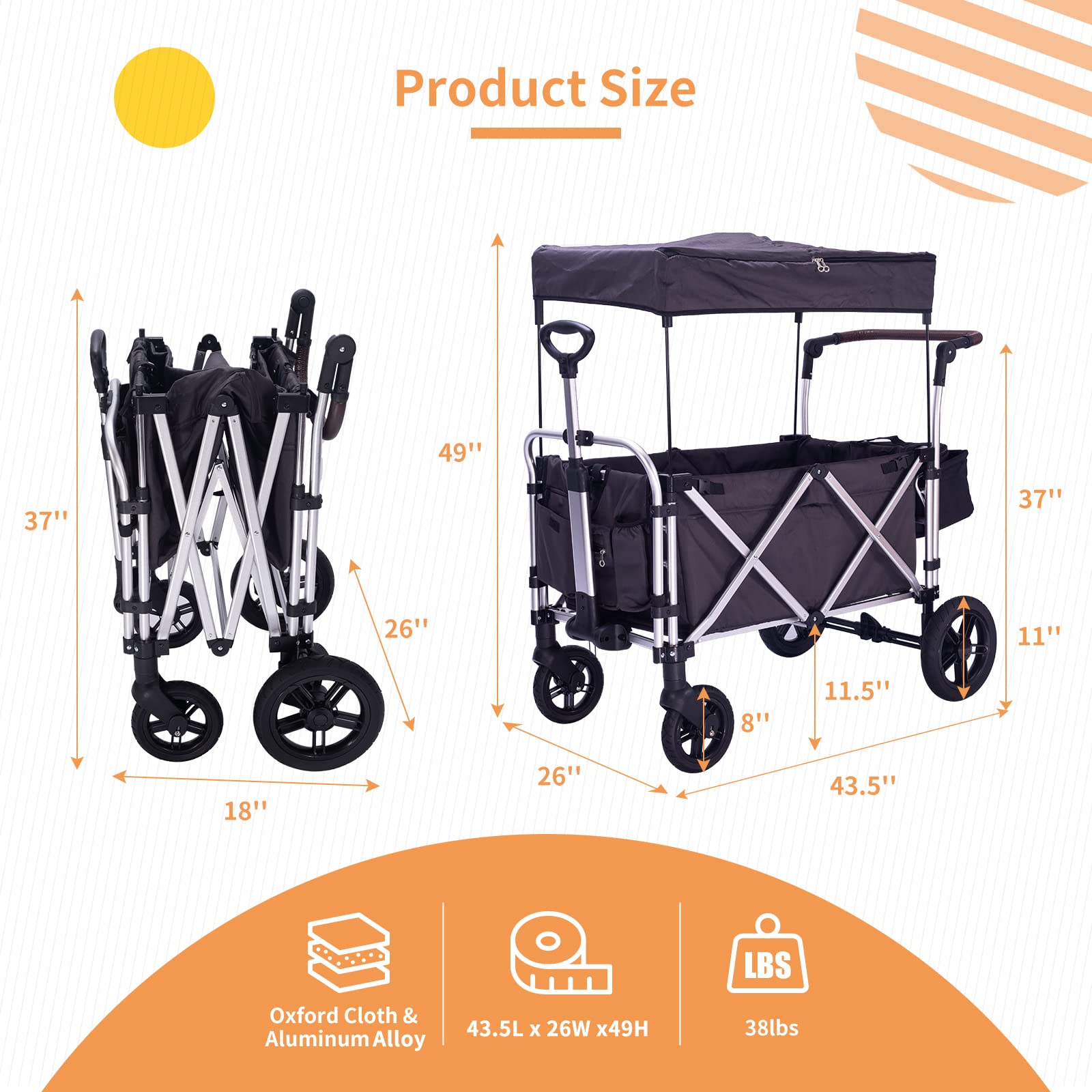 Stroller Wagon for 2 Kids, Wagon Cart Featuring 2 Seat with 5-Point Harnesses and Adjustable Canopy, Foldable Push-Pull Rod Wagon Stroller for Garden, Stroller, Camping, Grocery Cart (Black)