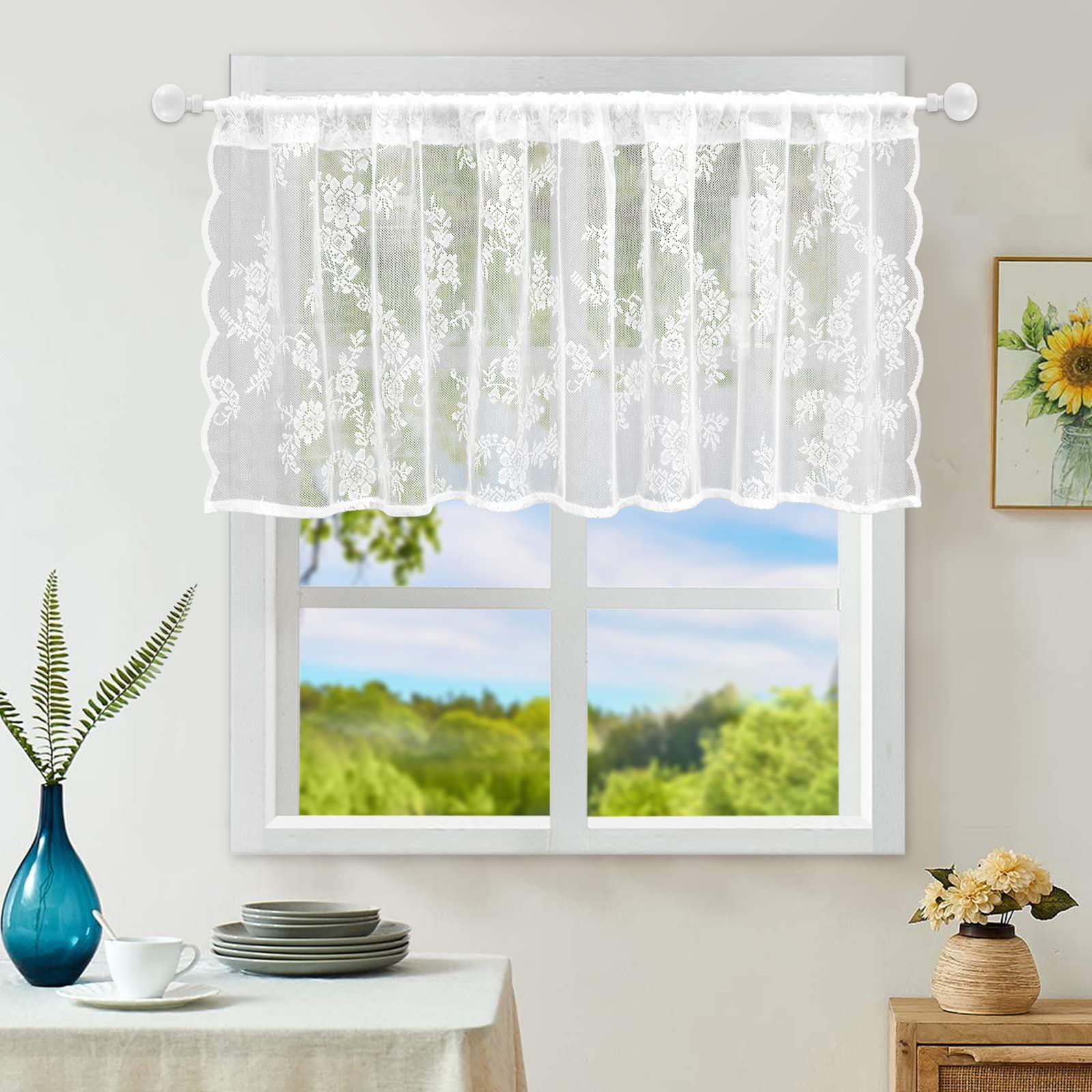 Zhh Sheer Lace Valance Kitchen Short Curtain White Grid Flower Curtain for Window Bedroom Livingroom Decor 23 by 57-Inch, 1 Panel
