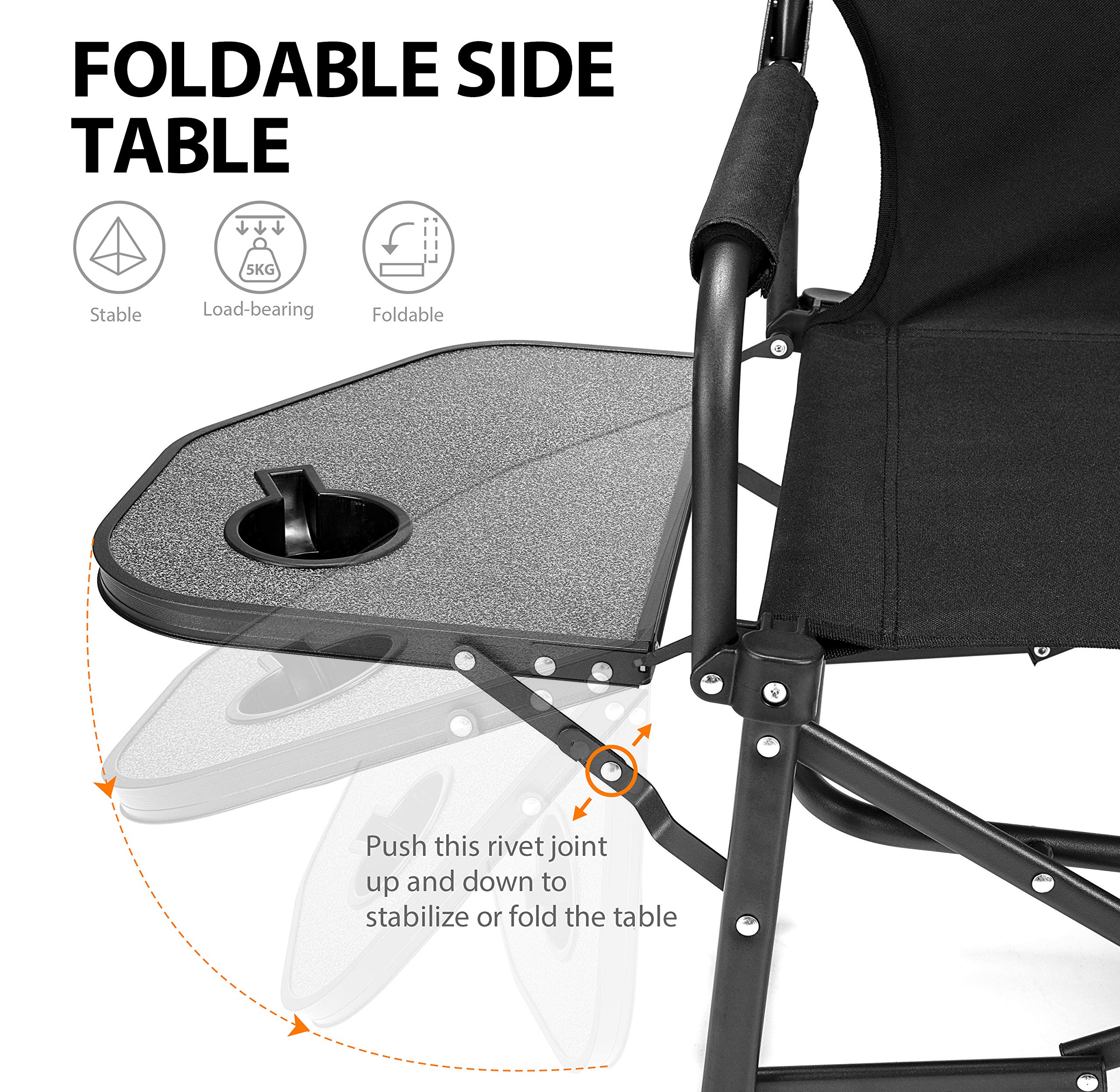 Ubon Steel Frame Portable Director's Chair Ultra Wide Lightweight Seat with Side Table & Pockets - Foldable Equipment for Camping, Beach, Travel, Sports Games - 300lb Capacity