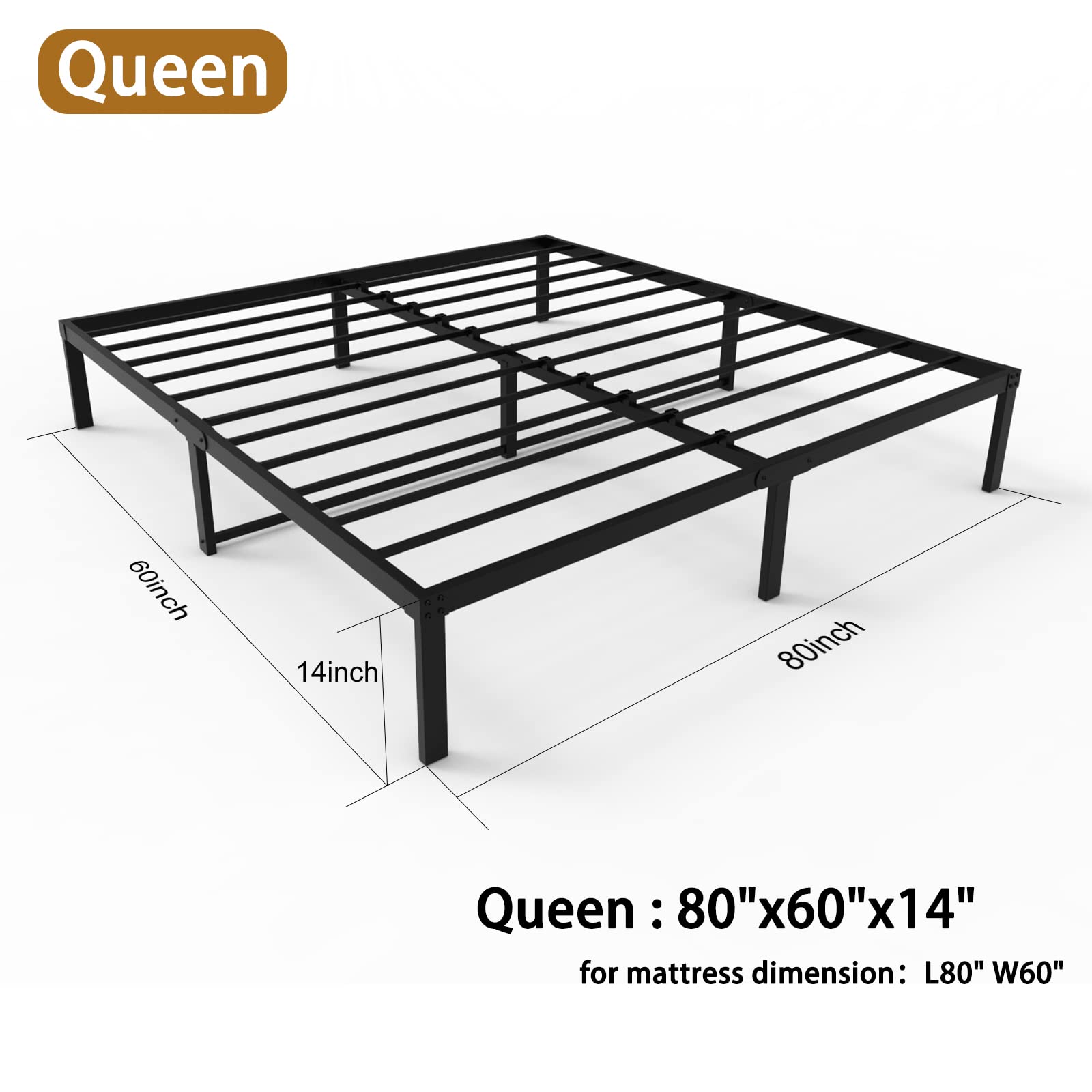 rosyclo Queen Bed Frame, 14 Inch Heavy Duty Mattress Foundation Metal Platform Bed Frames No Box Spring Needed, Sturdy Steel Frame, Underbed Storage (14 Inch, Queen)
