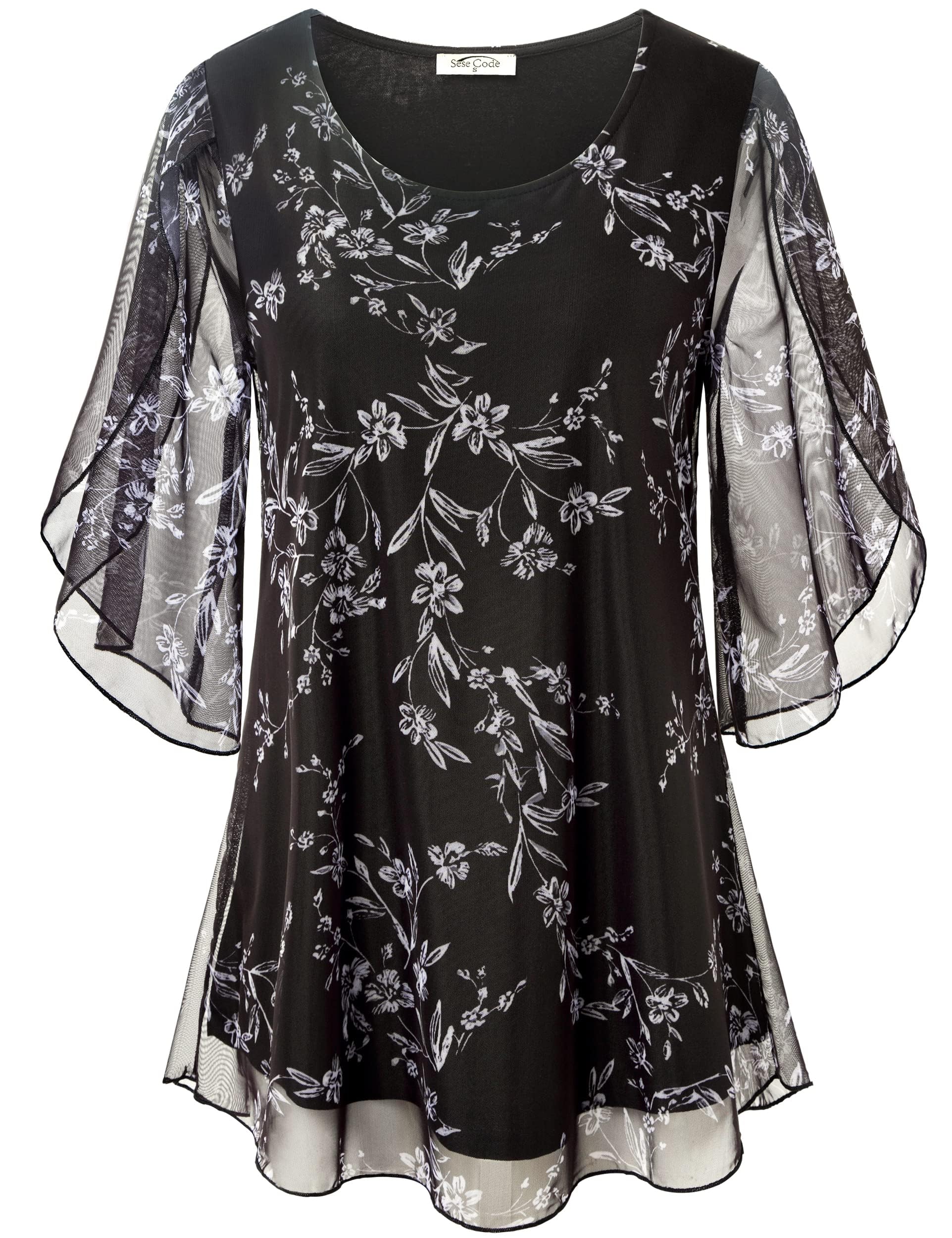 SeSe Code Chiffon Blouses for Women Business Casual Bell Sleeve Tops for Women Formal Tops Plus Size Tunic Tops Mesh Loose Fitting Tops Black XXL