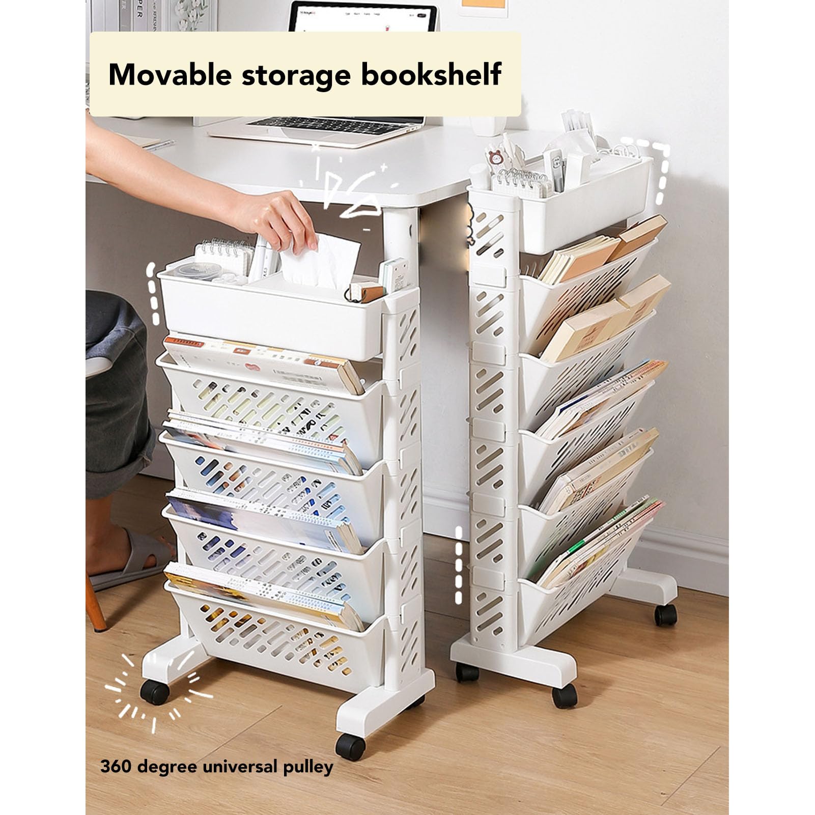 Rotatable and Detachable Plastic Storage Organizer Shelf Removable Bookcase Bookshelf File Organization with Multi Level Capacity, Rolling Storage Cart for Study Office Living Room (6 Layer)