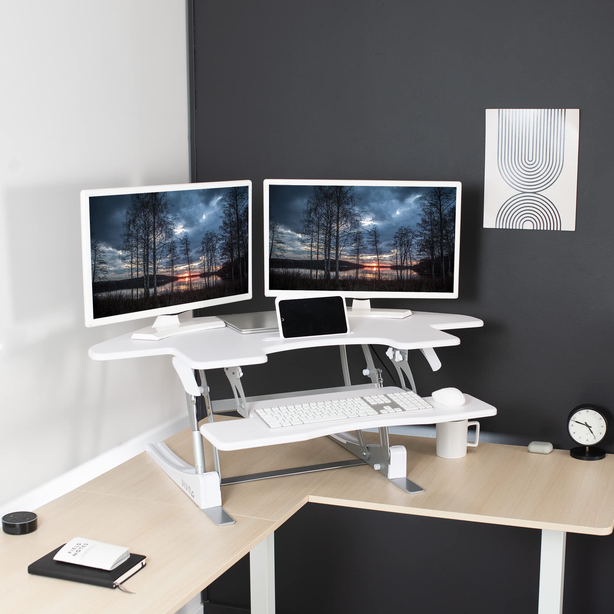 VIVO 43 inch Corner Height Adjustable Cubicle Stand Up Desk Converter, V Series, Quick Sit to Stand Tabletop Dual Monitor Riser Workstation, White, DESK-V000VCW