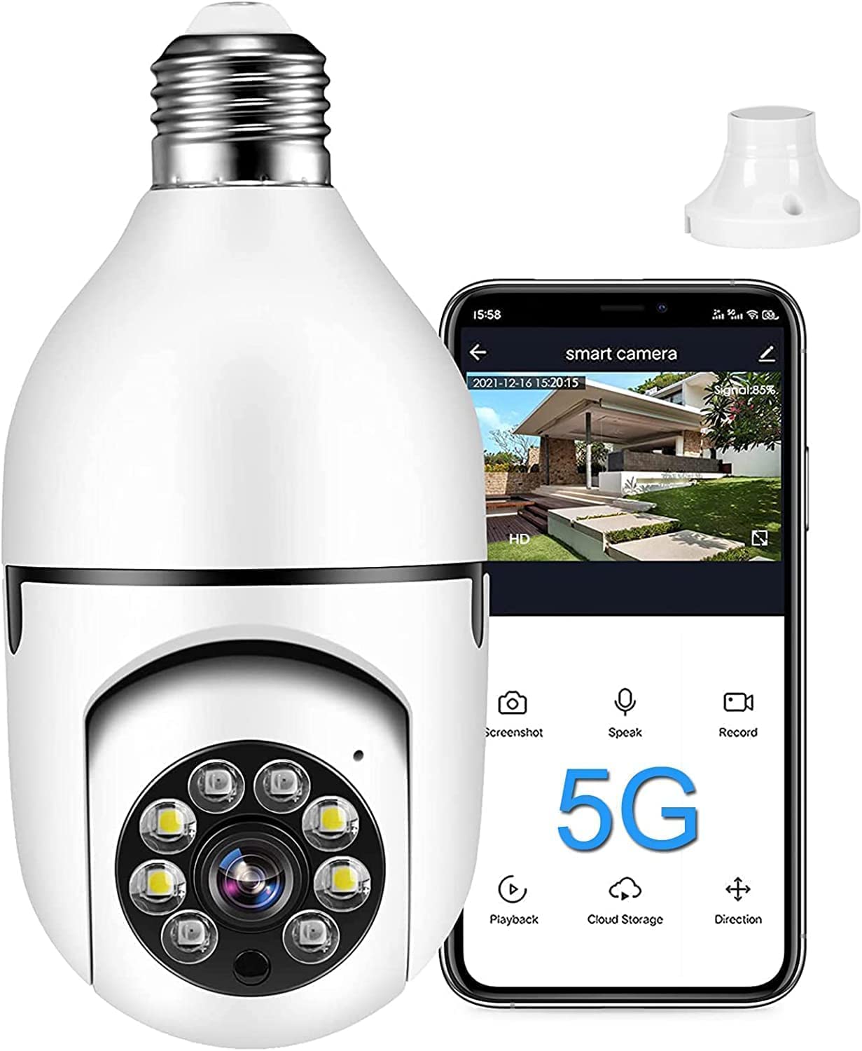 Wenini 5Ghz Wireless Lights Bulb Camera - 1080P Pan Tilt Wireless Cam 360° Panoramic IP Camera, E27 WiFi Security Cameras with LED HD Night Vision Human Motion Detection and Alarm Two-Way, White