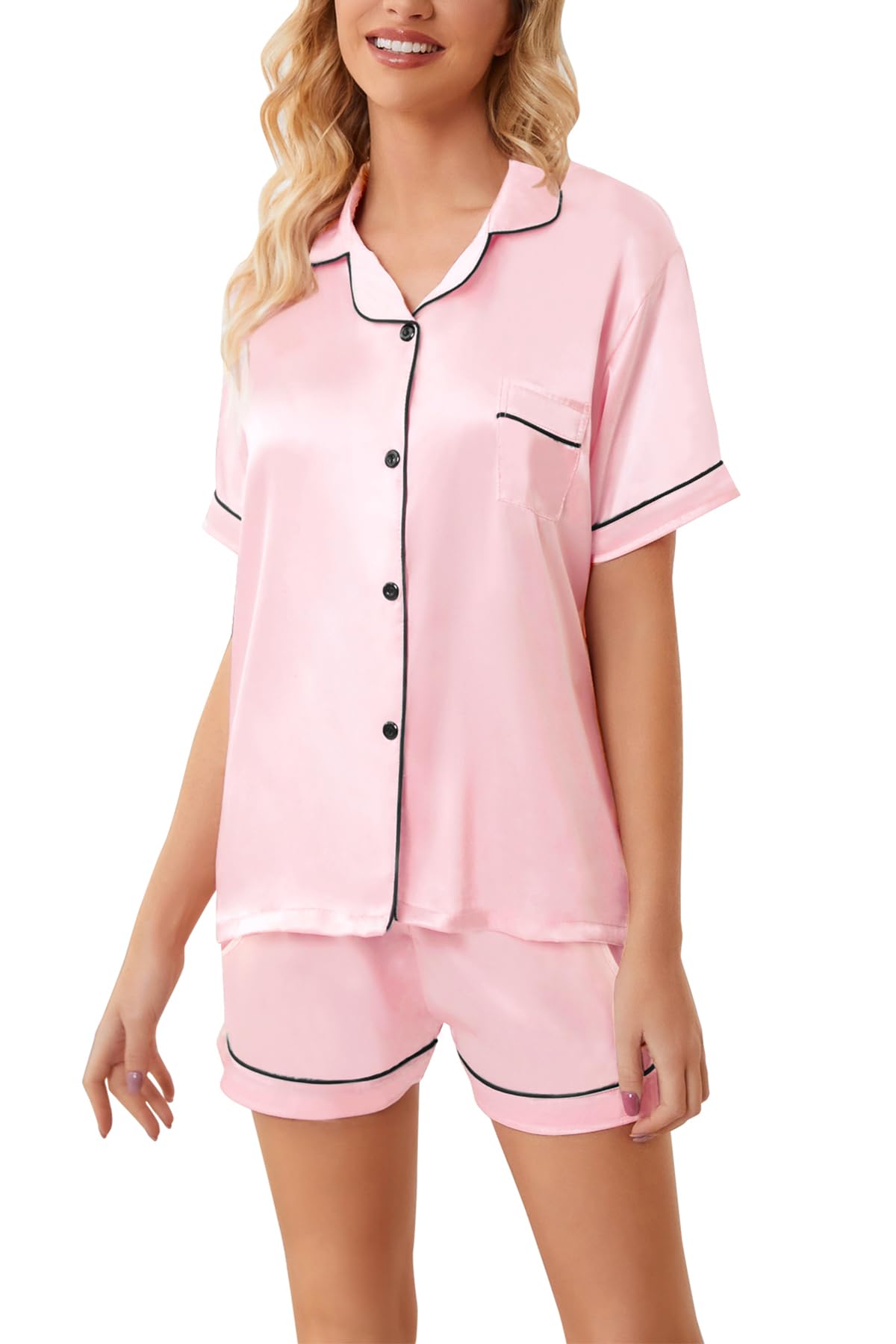 Schbbbta Pajamas Set for Girls Silk Button Down Pjs Satin Short Sleeve Sleepwear 2 Piece Lounge Sets, Pink, 11-12 Years