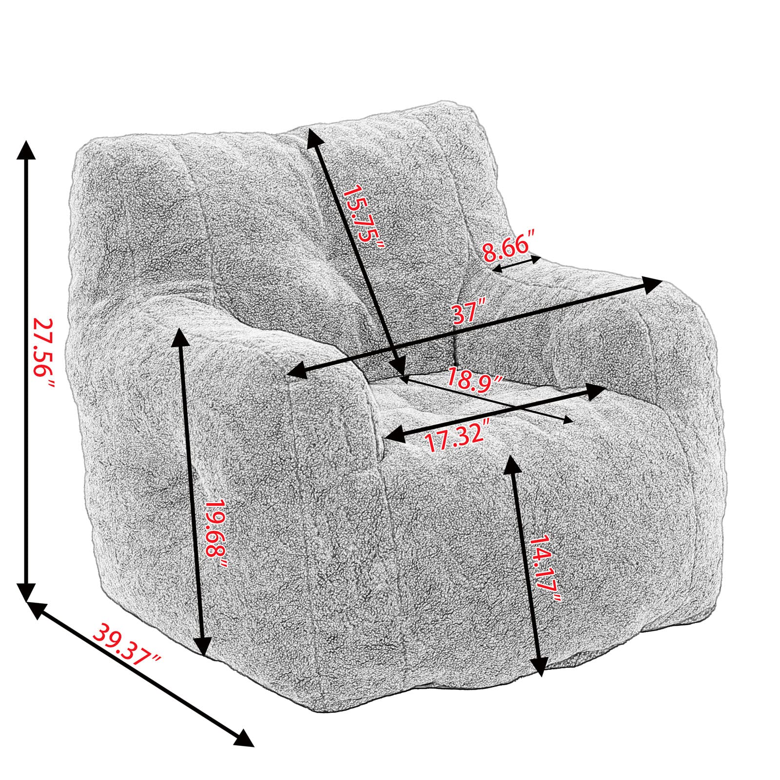 Soft Tufted Bean Bag Chairs for Adults, Medium Teddy Fabric Bean Bags with Arms, Dark Blue