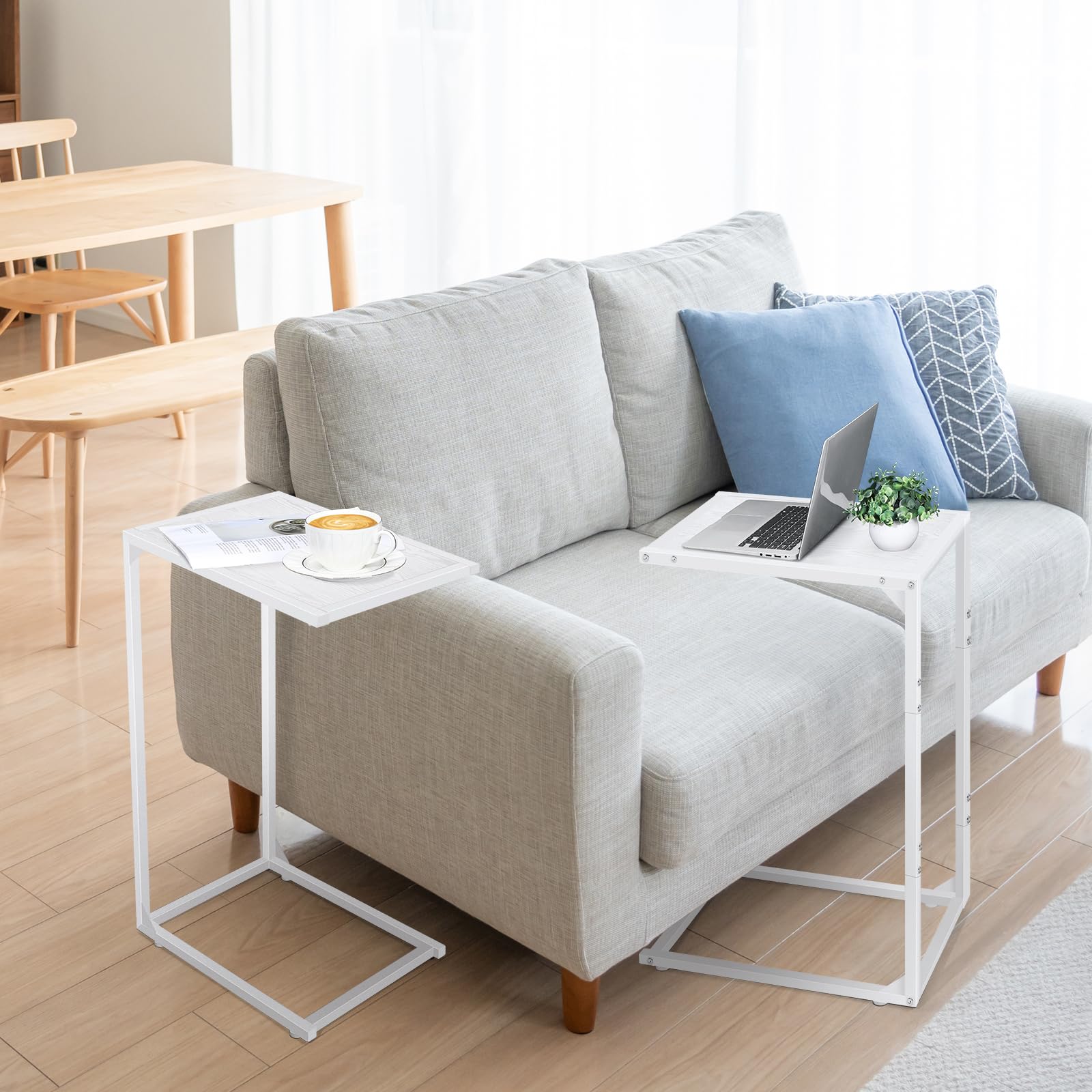 Set of 2 C Shaped End Table, Couch Tables That Slide Under, C Shaped Sofa Table for Couch, C Tray Snack Side Table for Living Room, Bedroom,Sofa, White