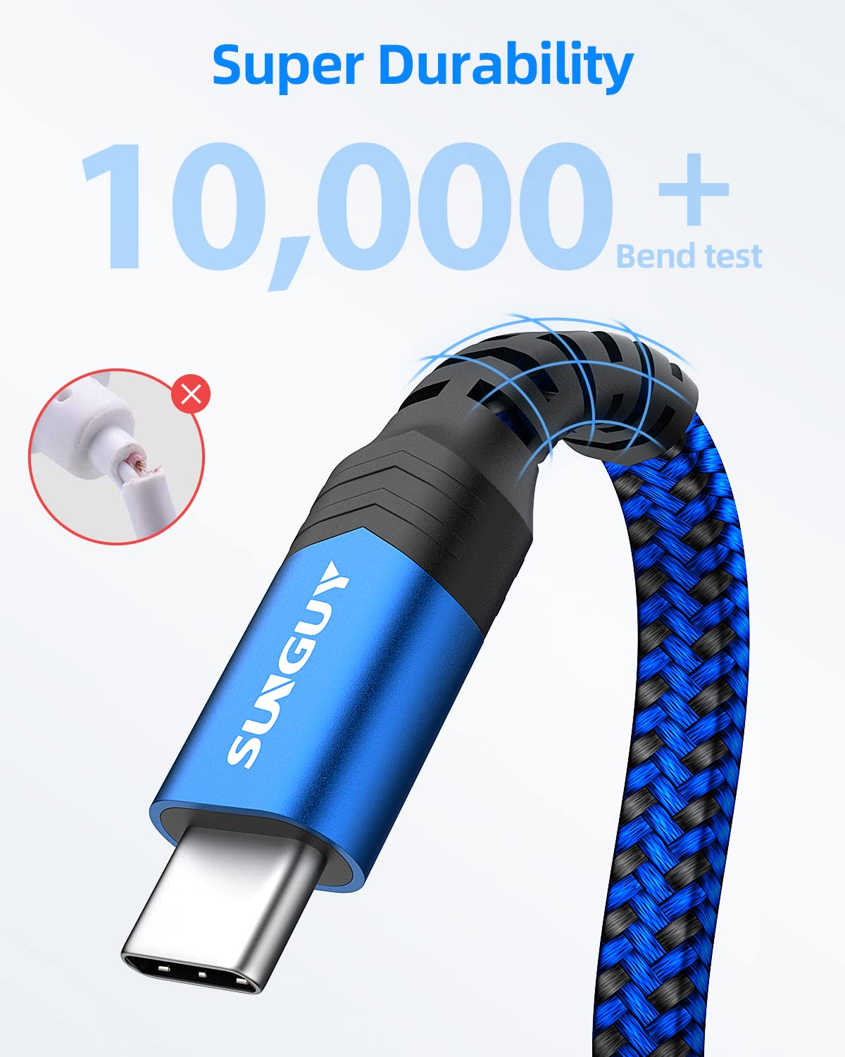 SUNGUY USB C Cable 1.5FT [3Pack], Flat USB-A 2.0 to USB C Cable 3A Fast Charge Data Transfer Cord Braided Compatible with Samsung Galaxy S23 S22 S20 S10, LG, Google Pixel, Moto G7 G8