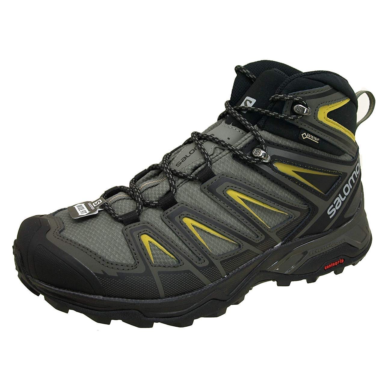 Salomon X Ultra 3 MID Gore-TEX Hiking Boots for Men, Castor Gray/Black/Green Sulphur, 10.5 Wide