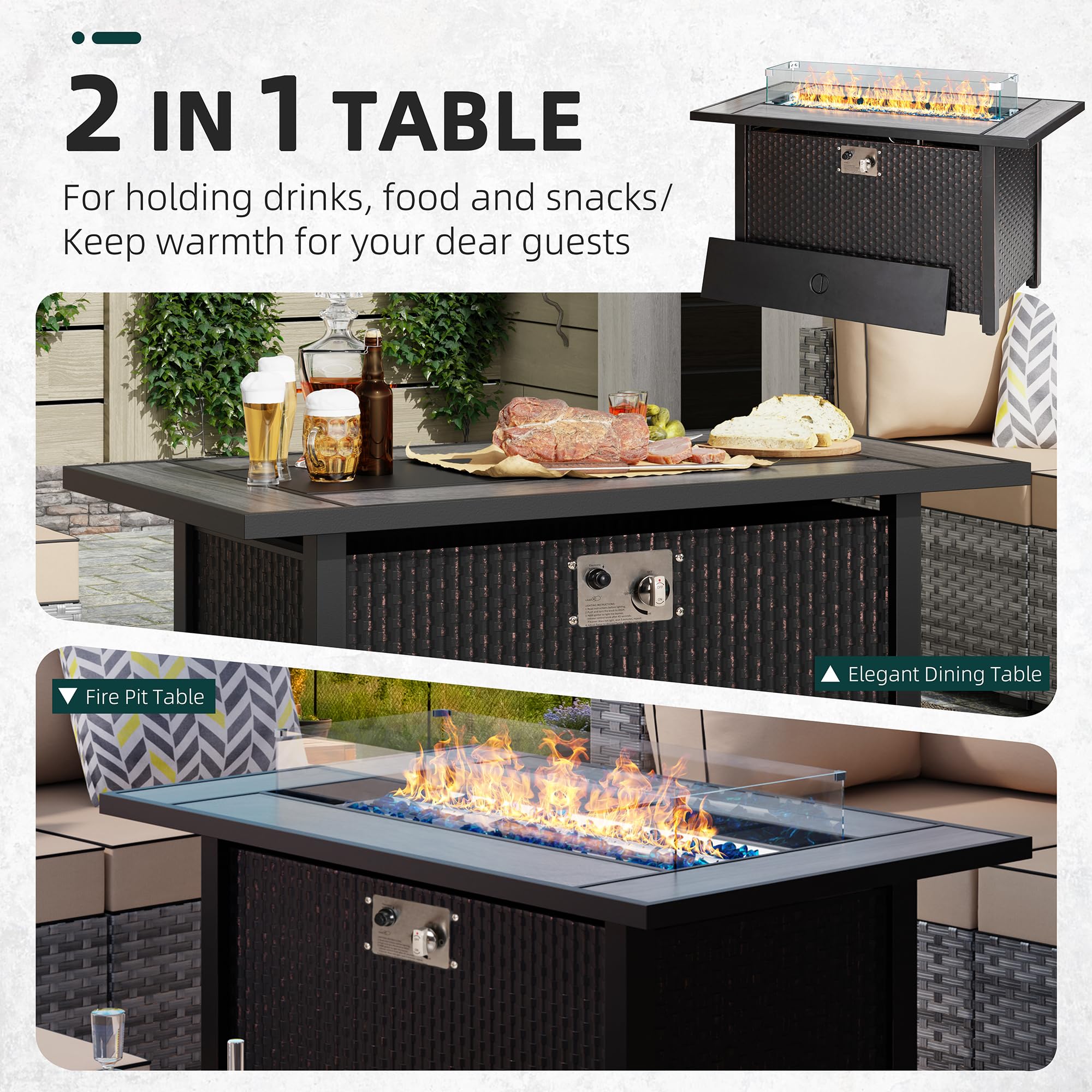 SUNLEI 45" Propane Fire Pit, Outdoor Fire Pit Tables Rectangular Tabletop with Lid and Blue Fire Glass, 50000 BTU Glass Wind Guard and Tables for Outside Patio, BackyardâŚ