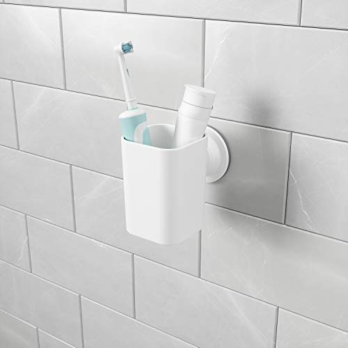Umbra Flex Sure-Lock Toothbrush Holder, Bathroom Storage Tumbler, Cup for Toothpaste, Combs and Makeup Brushes - Attaches to Glass Panes, Mirrors and Tiles with SureLock Technology, No Drilling, White