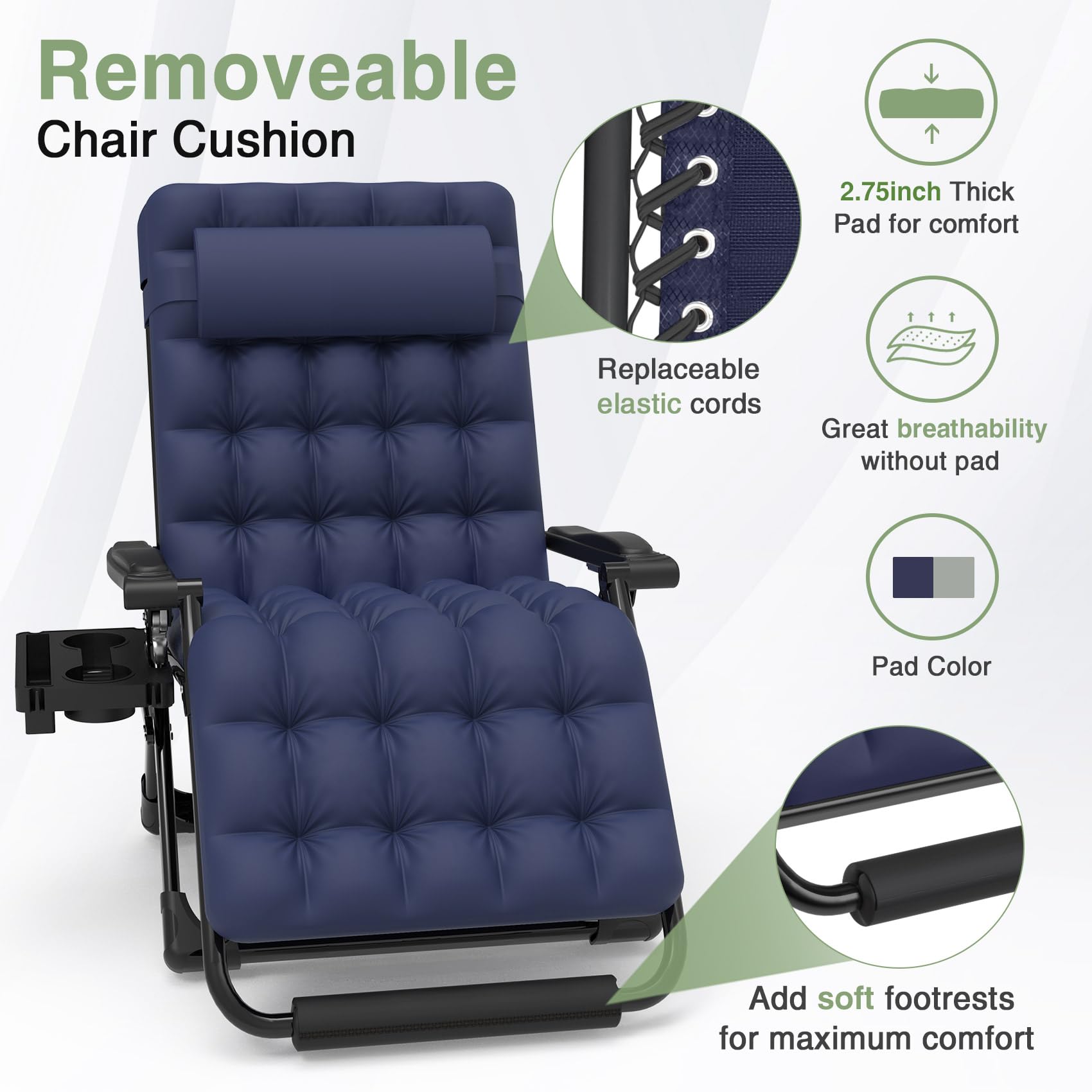 Slendor Oversized Zero Gravity Chair XXL, 33 inch Padded Zero Gravity Recliner, Folding Reclining Lounge Chair, Indoor Outdoor Patio Chairs with Pillow, Footrest,Cup Tray, Support 500 lbs, Blue