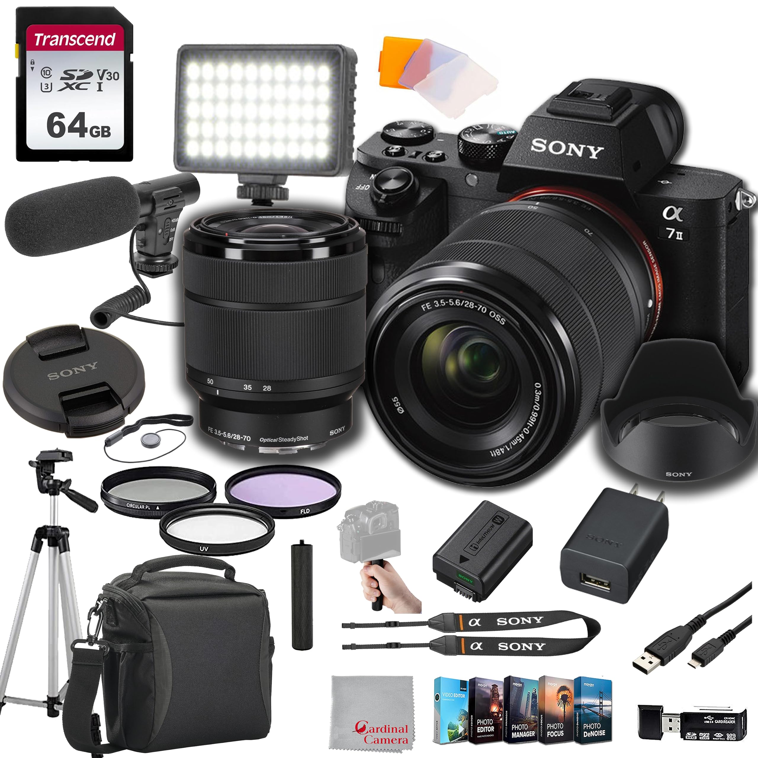 Sony a7 II Mirrorless Digital Camera 24MP w/ 28-70mmmm Lens ILCE7M2K/B, 64GB Memory,Video Microphone, LED Video Light, Case. Tripod, Filters, Hood, Grip, & Video & Photo Editing Software Kit