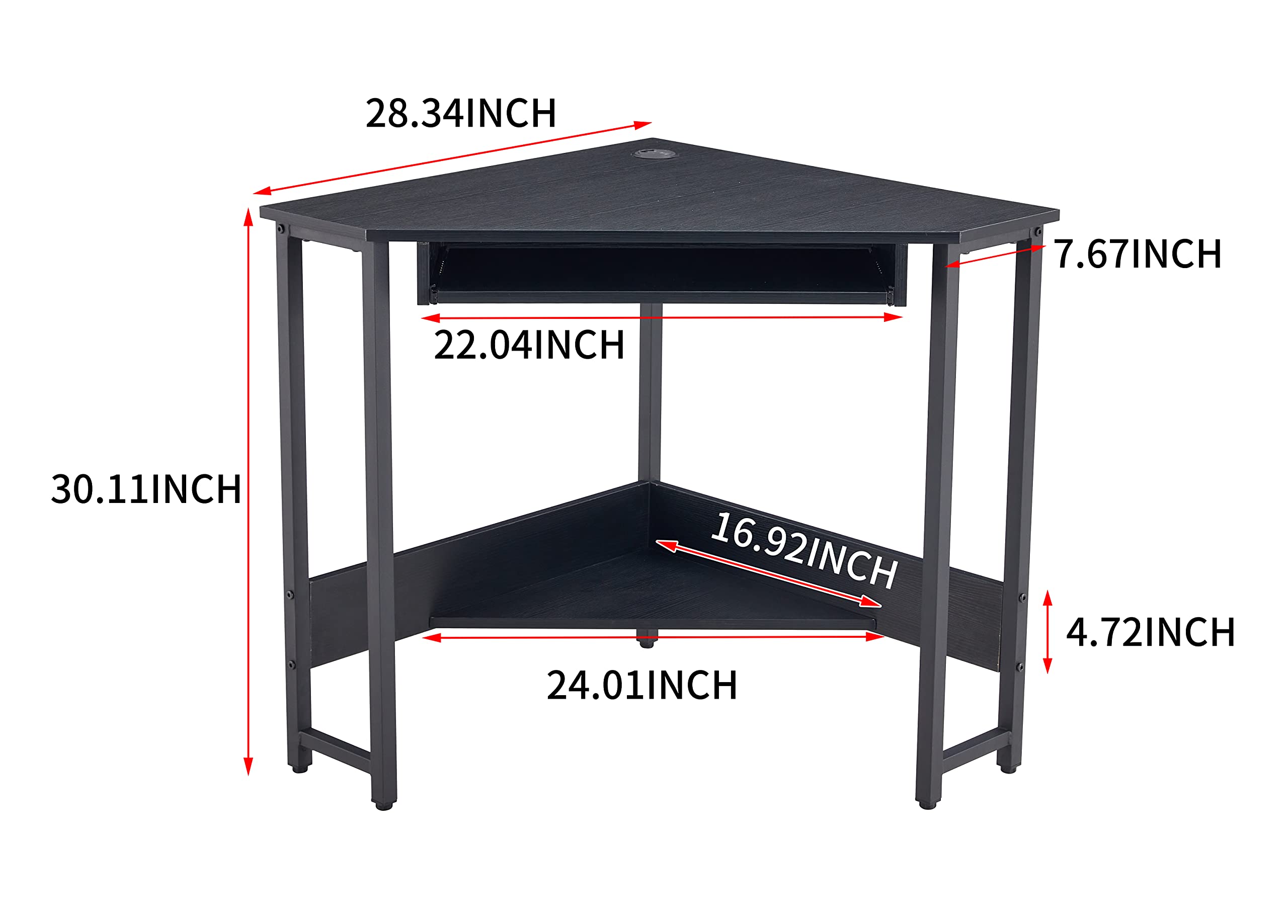 Triangle Computer Desk, Corner Desk with Pull-Out Keyboard Tray & Storage Shelves, Home Office Compact Desk, Gaming Table with Sturdy Steel Frame as Workstation for Small Space (Black)