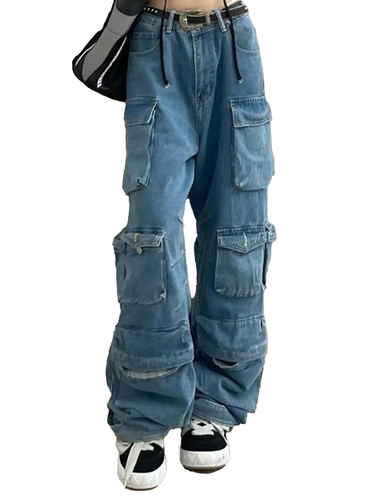 Vakkest Womens Jeans Cargo Pants Casual Wide Leg Flap Pocket Baggy Combat Military High Waist Denim Trouser Clubwear Y2K