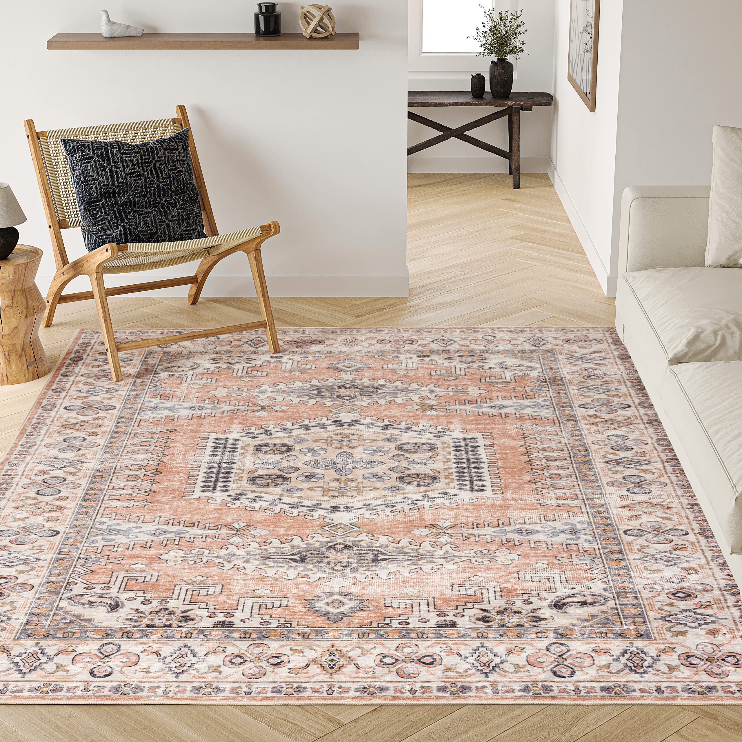 Valenrug Washable Area Rug 6x9 - Ultra-Thin Antique Collection, Stain Resistant Rugs for Living Room Bedroom, Distressed Vintage Rug(Peach/Yellowish, 6'x9')