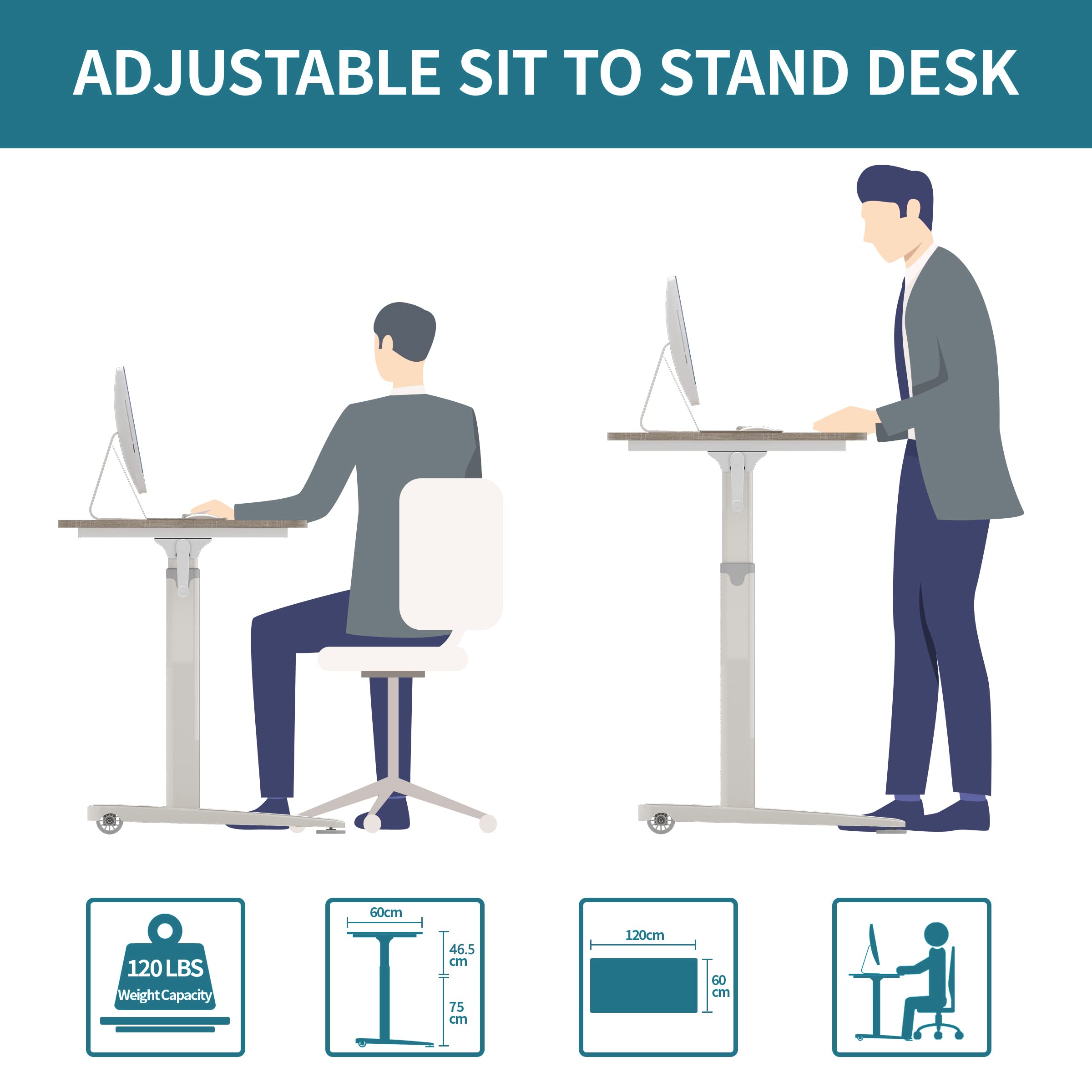 Win Up Time Manual Standing Desk Adjustable Height- Crank Mobile Standing Desk 48 x 24 Inches Sit Stand Desk Frame & Top, Stand Up Desk on Wheels, Computer Desk Black Frame & Rustic Brown