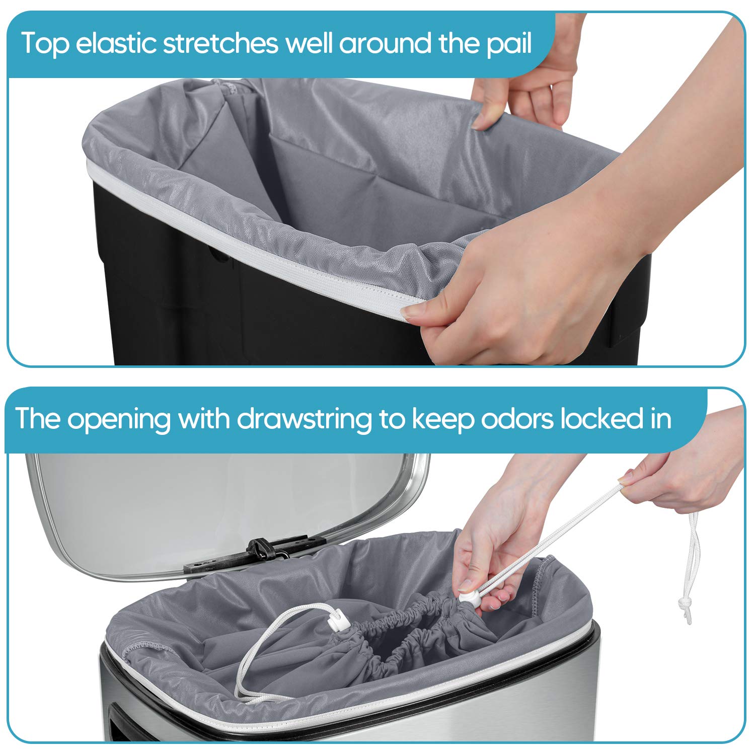 Teamoy 2 Pack Pail Liner for Cloth Diapers, Reusable Diaper Pail Bag with Elastic Band and Drawstring, Fits for 13.2 Gallon Trash Can and Diaper Pails, Gray Arrow + Gray