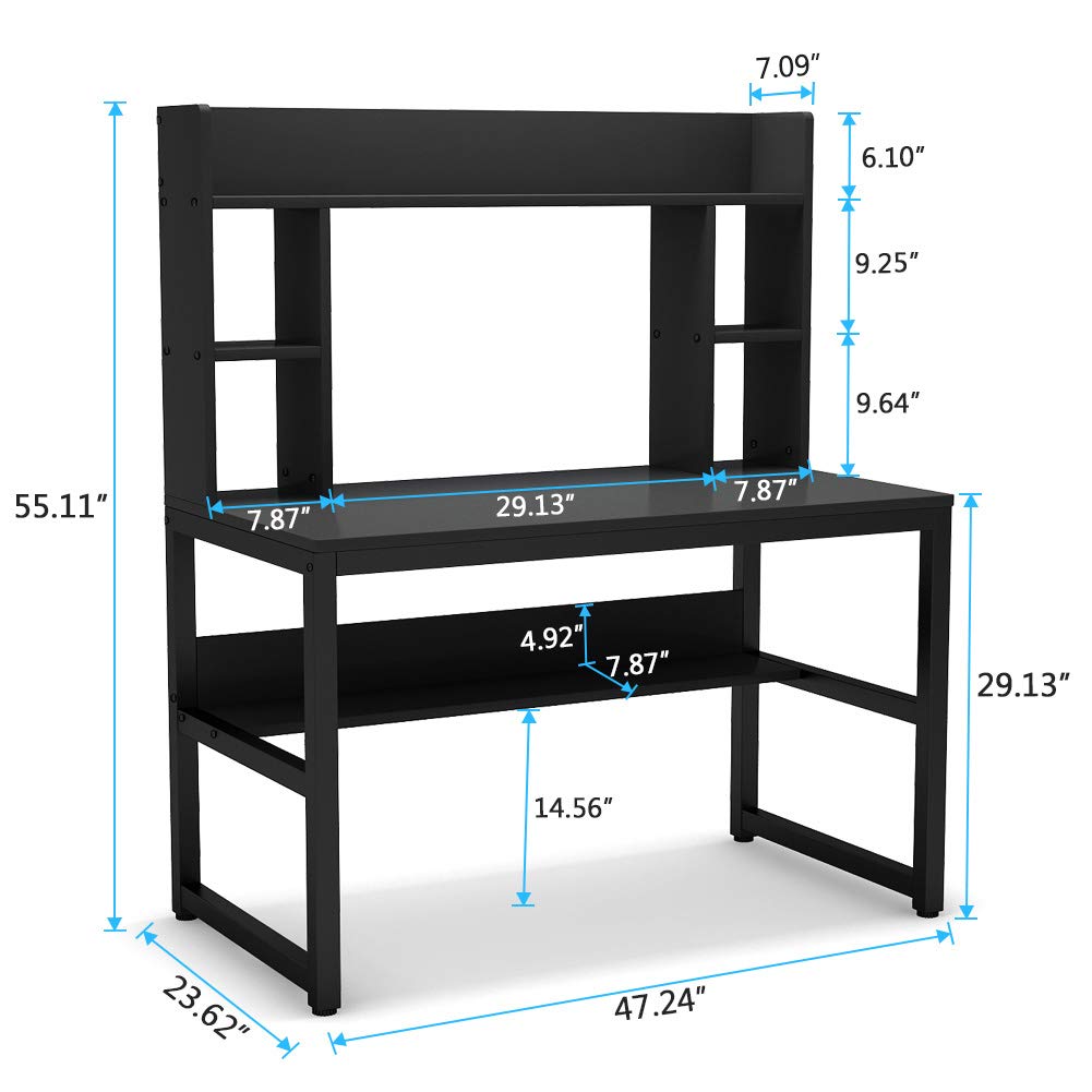 TRIBESIGNS WAY TO ORIGIN Computer Desk with Hutch, 47 Inch Modern Writing Desk with Storage Shelves, Office Desk Study Table Gaming Desk Workstation for Home Office, Black