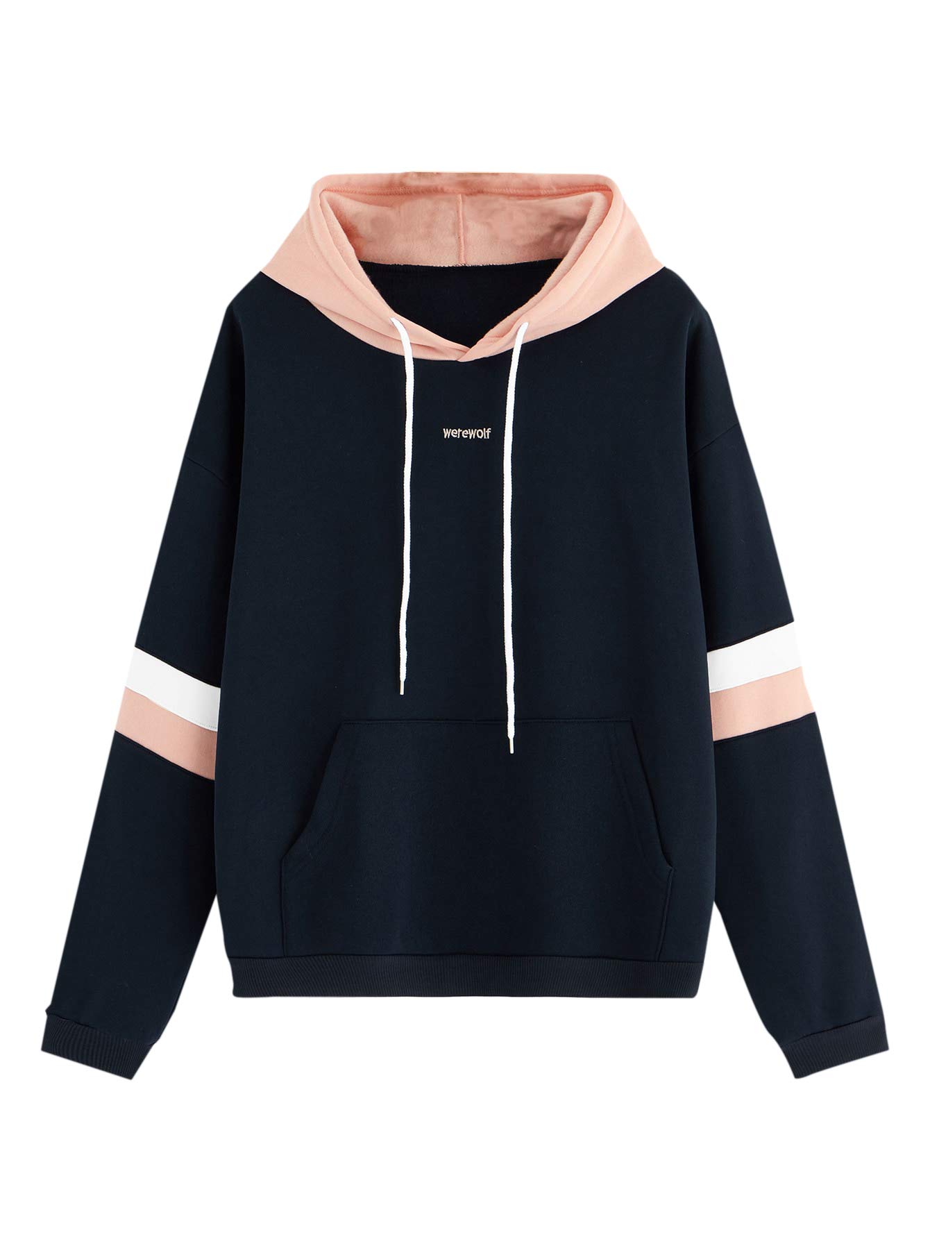 SweatyRocks Women’s Long Sleeve Casual Fleece Drawstring Hoodie Sweatshirt Tops Navy Pink L