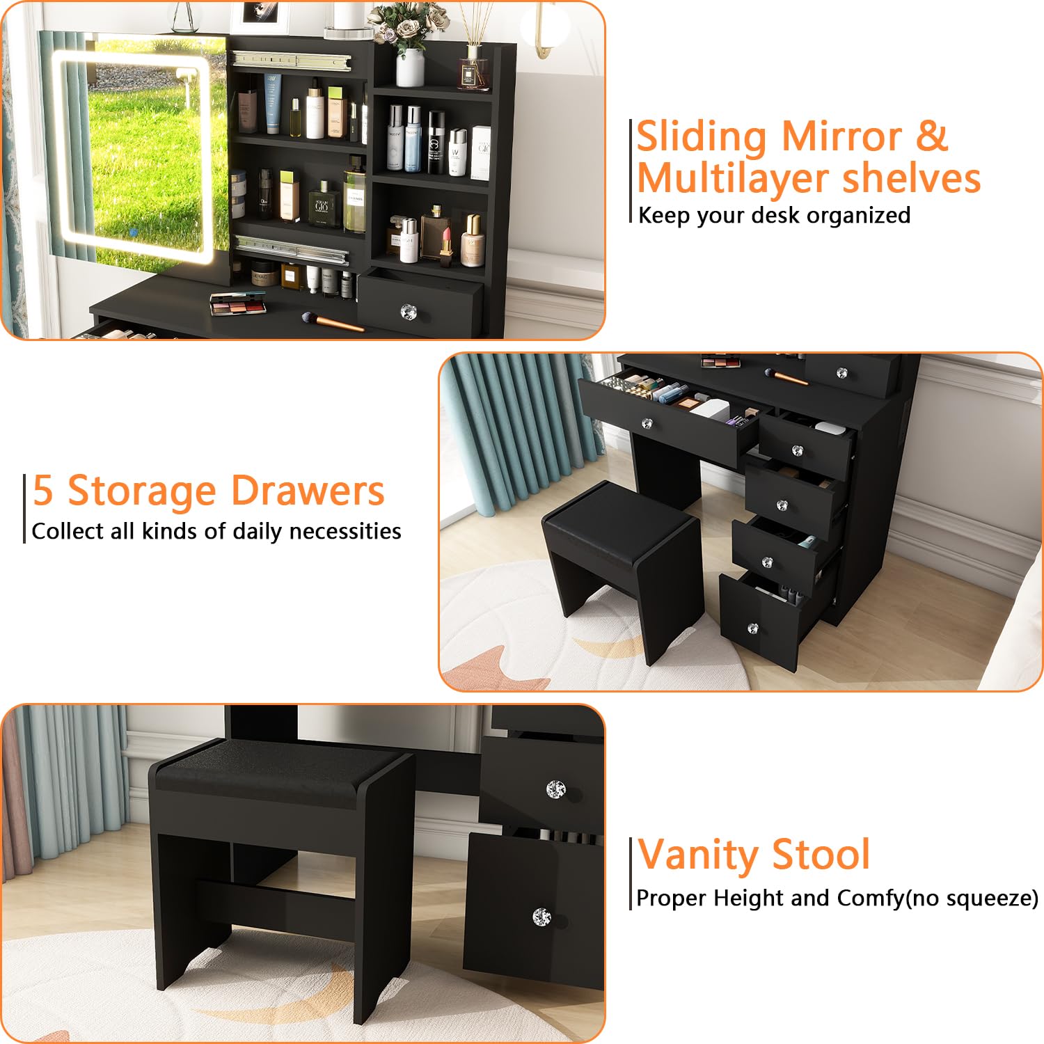 Sokiche Makeup Vanity Desk with Sliding Mirror and LED Lights & Charging Station, 35.4" Black Vanity Table Set with 6 Drawers & 6 Shelves, 3 Light Modes, Dressing Table for Bedroom, Stool Included