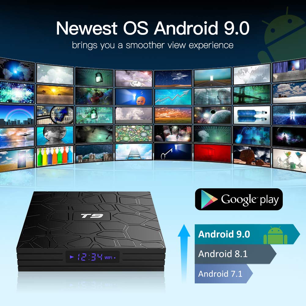 T9 Android TV Box, Android 9.0 TV Box 2GB RAM 16GB ROM with RK3318 Quad-core BT4.0 Support Dual WiFi 2.4G+5.0G 3D 4K Smart TV Box