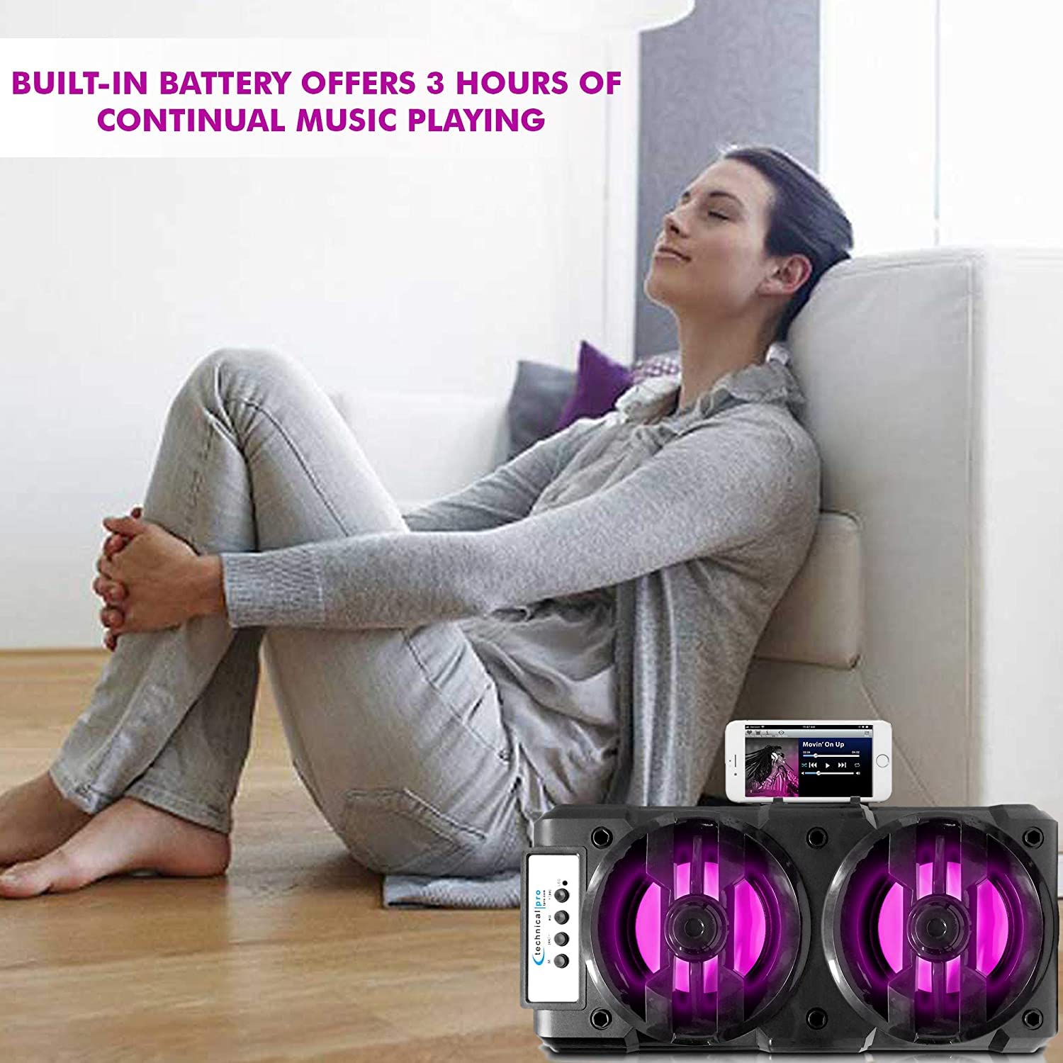 Technical Pro (QTY 3) Rechargeable LED Bluetooth Speaker with USB, SD card, FM Radio, Perfect Travel Comfortable Portable Speaker with Carry handle, 2 Dual 4" (10.2cm) Subwoofers