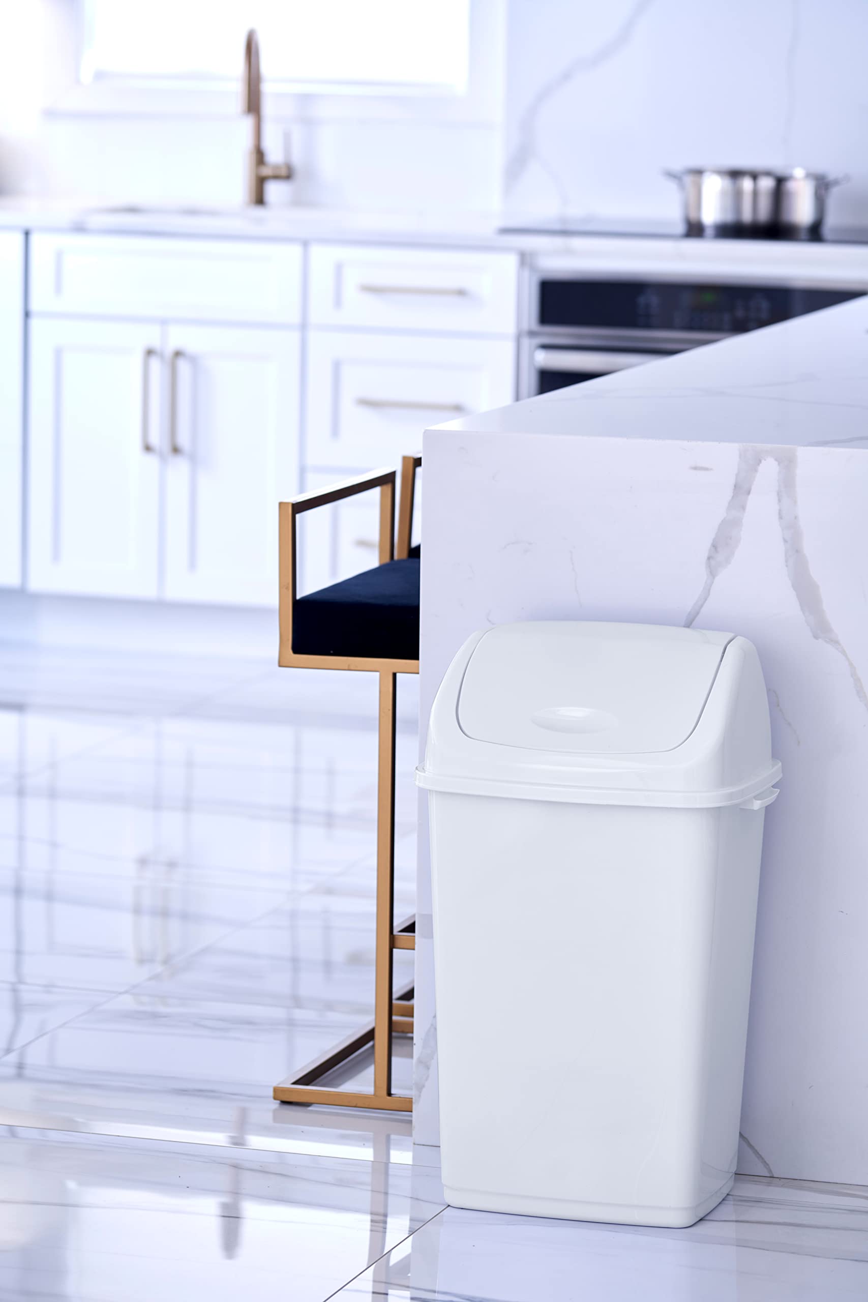 Superio Kitchen Trash Can 13 Gallon with Swing Lid, Plastic Tall Garbage Can Outdoor and Indoor, Large 52 Qt Recycle Bin and Waste Basket for Home, Office, Garage, Patio, Restaurant (White)
