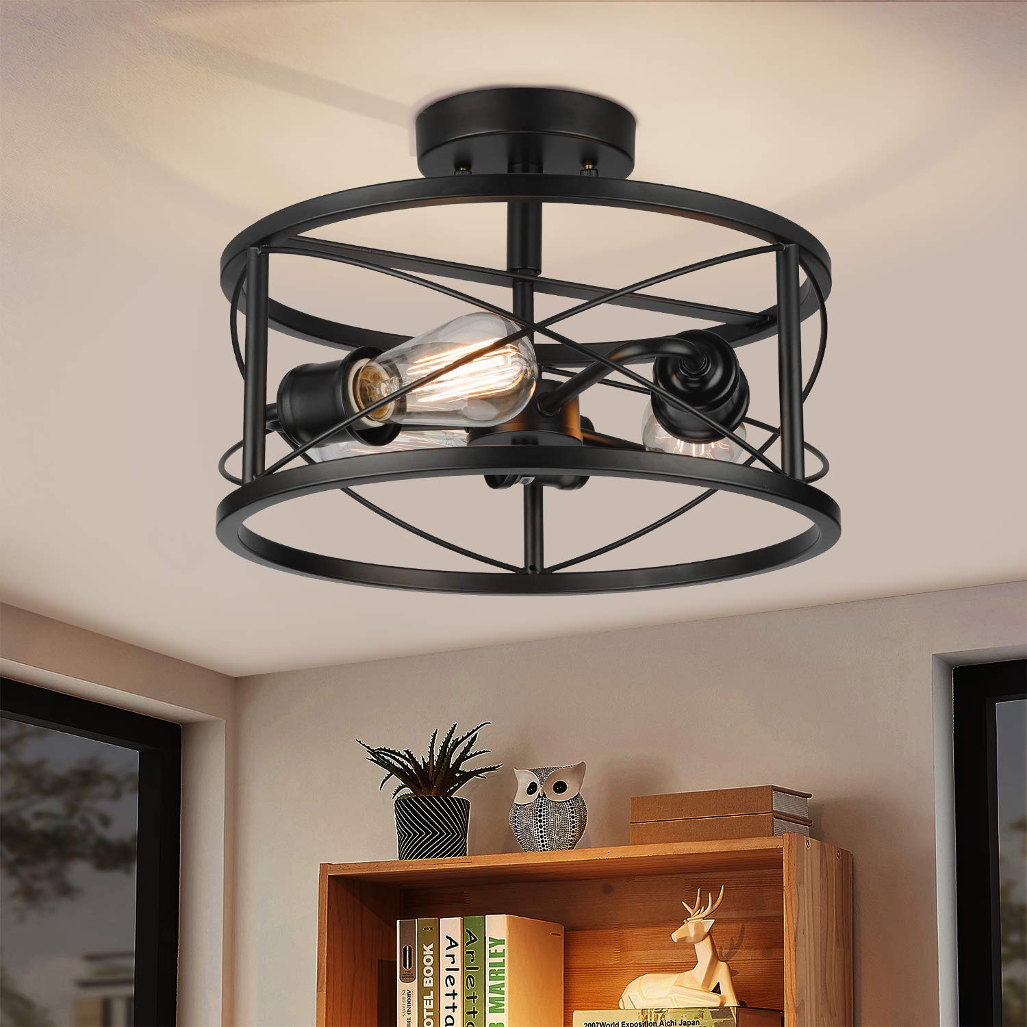 SunRider Industrial 3-Light Semi Flush Mount Ceiling Light, Modern Farmhouse Lighting Fixture with Metal Cage, Black Retro Pendant Lamp for Hallway