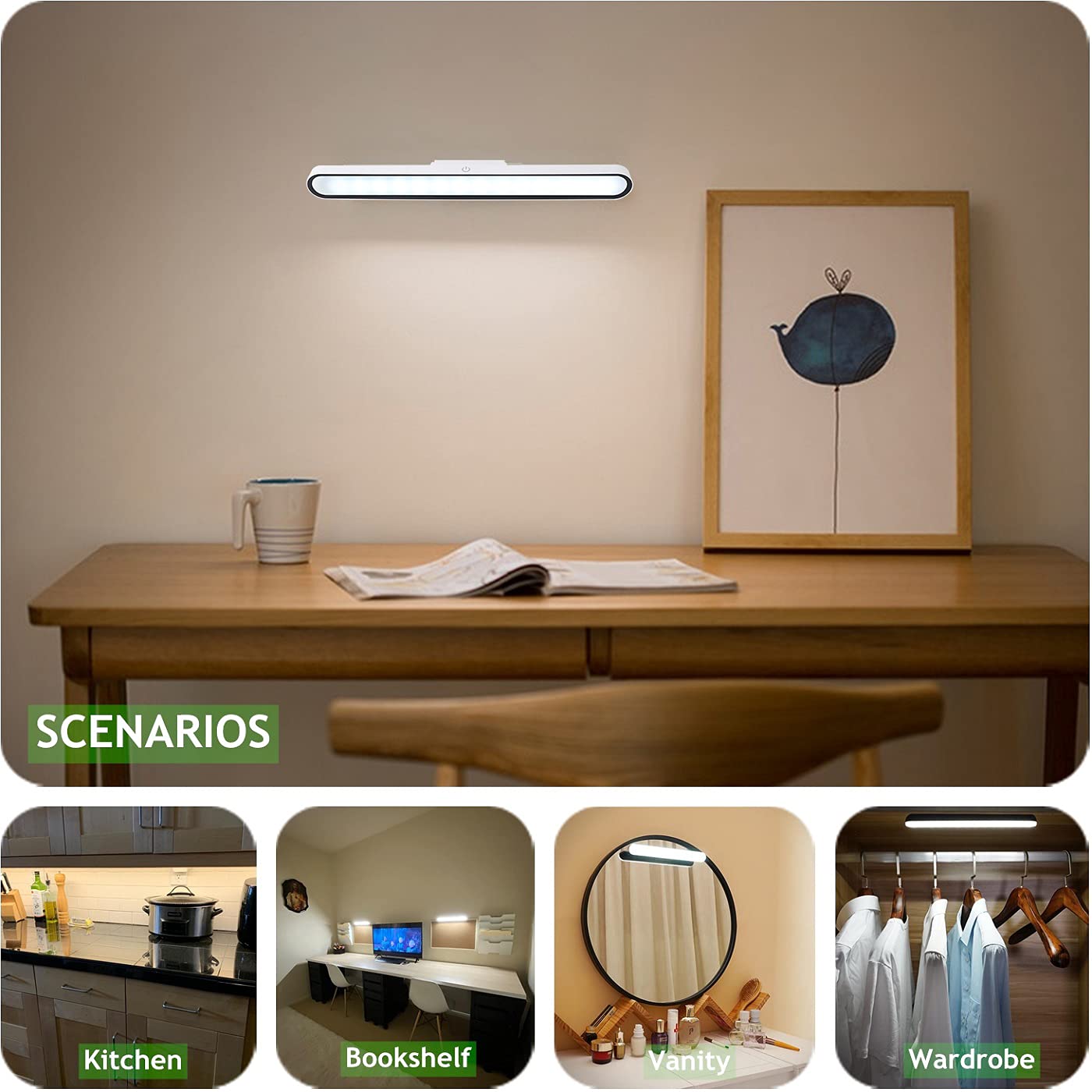 Under Cabinet Lighting, KUCAM 5W Magnetic Closet Lights with Remote, Dimmable Touch Control, 3 Color Modes, USB Rechargeable Reading Light Bar for Bedside, Computer Desk, Kitchen, Mirror (Black)
