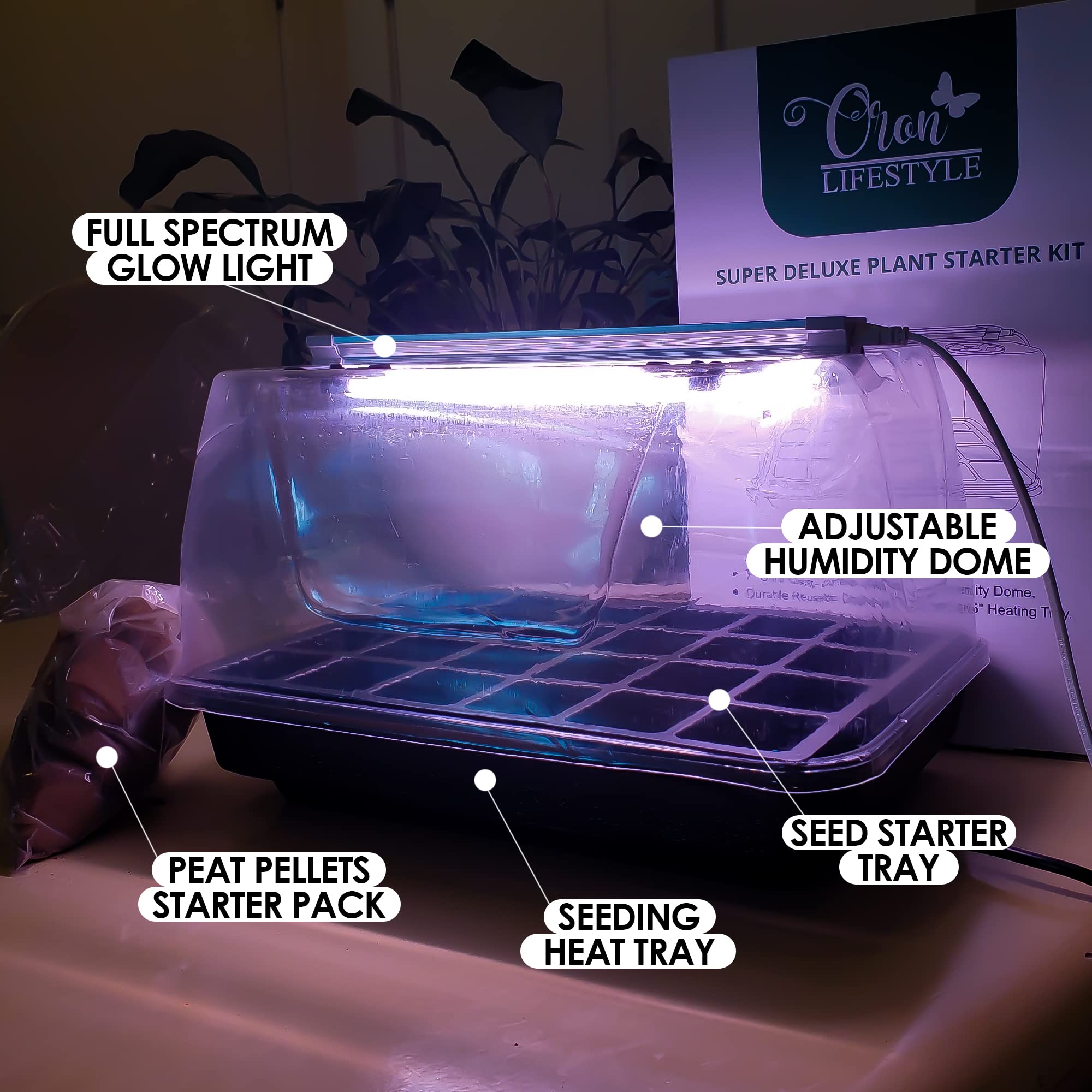 Seed Starter Tray Kit, Oron Lifestyle Germination Starter Kit for Starting Seeds or Cuttings, (Heat Tray, T8 Grow Light, Peat Pellets, 24 cell Starter Tray, Adjustable Clear Humidity Dome and More)