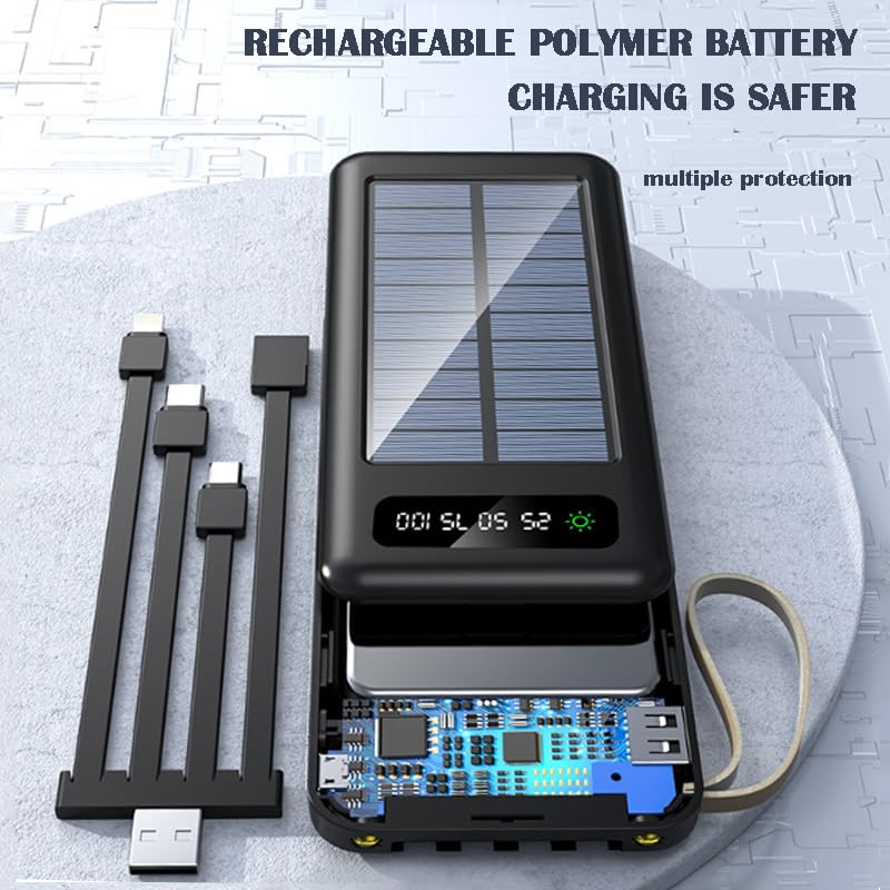 Solar Power Bank, Portable Charger, 20000mAh External Backup Battery Charger, Fast Charging Solar Panel & USB Charging, with line & Light