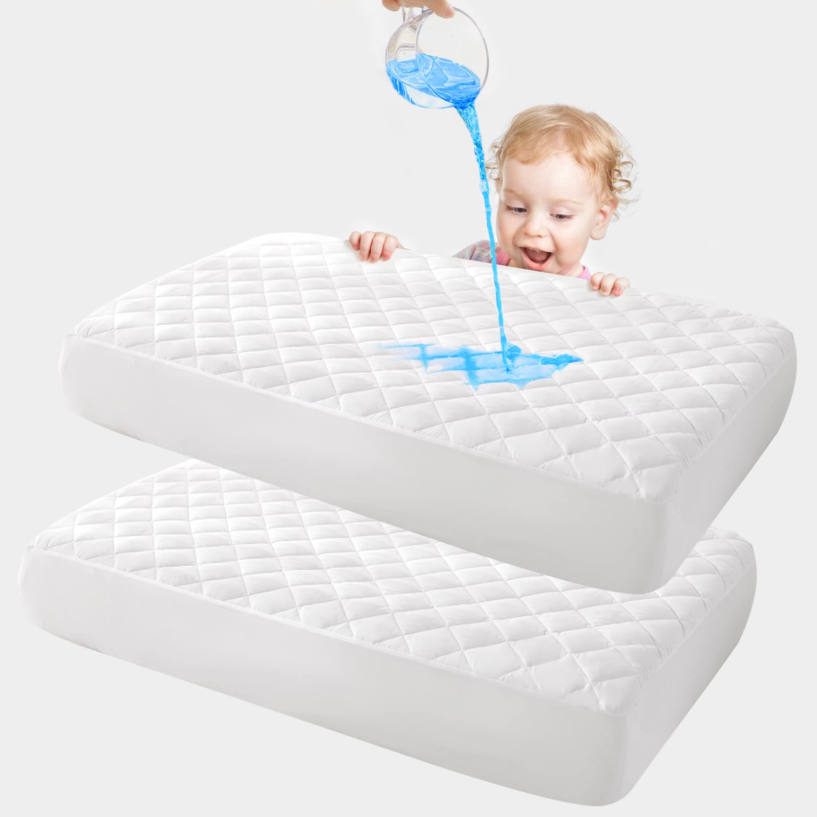 UNILIBRA 2 Pack Waterproof Crib Mattress Protector, Quilted Fitted Crib Mattress Pad,Breathable & Noiseless Crib Toddler Baby Mattress Cover 52"x28", White