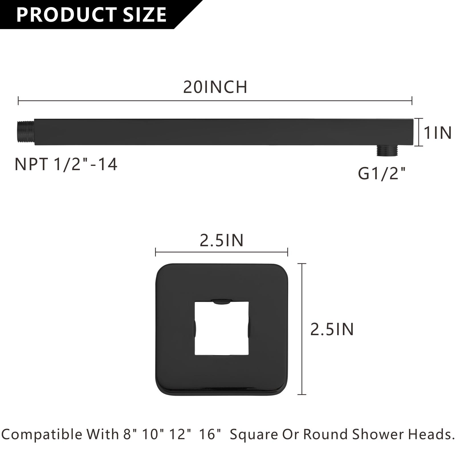 Voolan 20“ Square Shower Arm with Flange and Teflon Tape, Extension Shower Head Arm for Bathroom Fixed Shower Head, Solid Stainless Steel, Wall Mounted (Black)