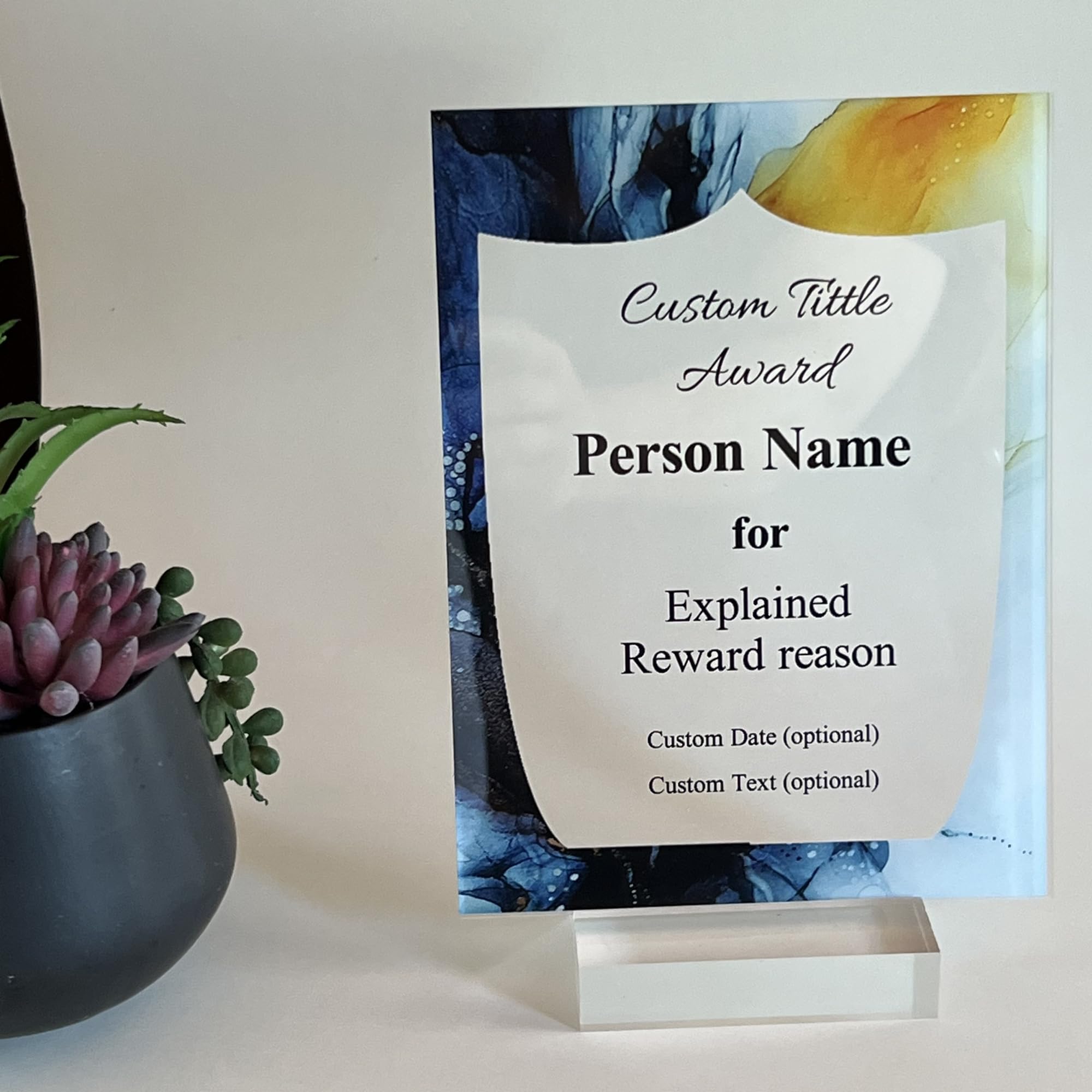 Tina&Co Customizable Award Plaque,Custom Award Plaque, Personalized Trophy Award,6 types of marble backgrounds, 5 shapes, 4 Base, with the option to add text or photos. (Award Plaque)