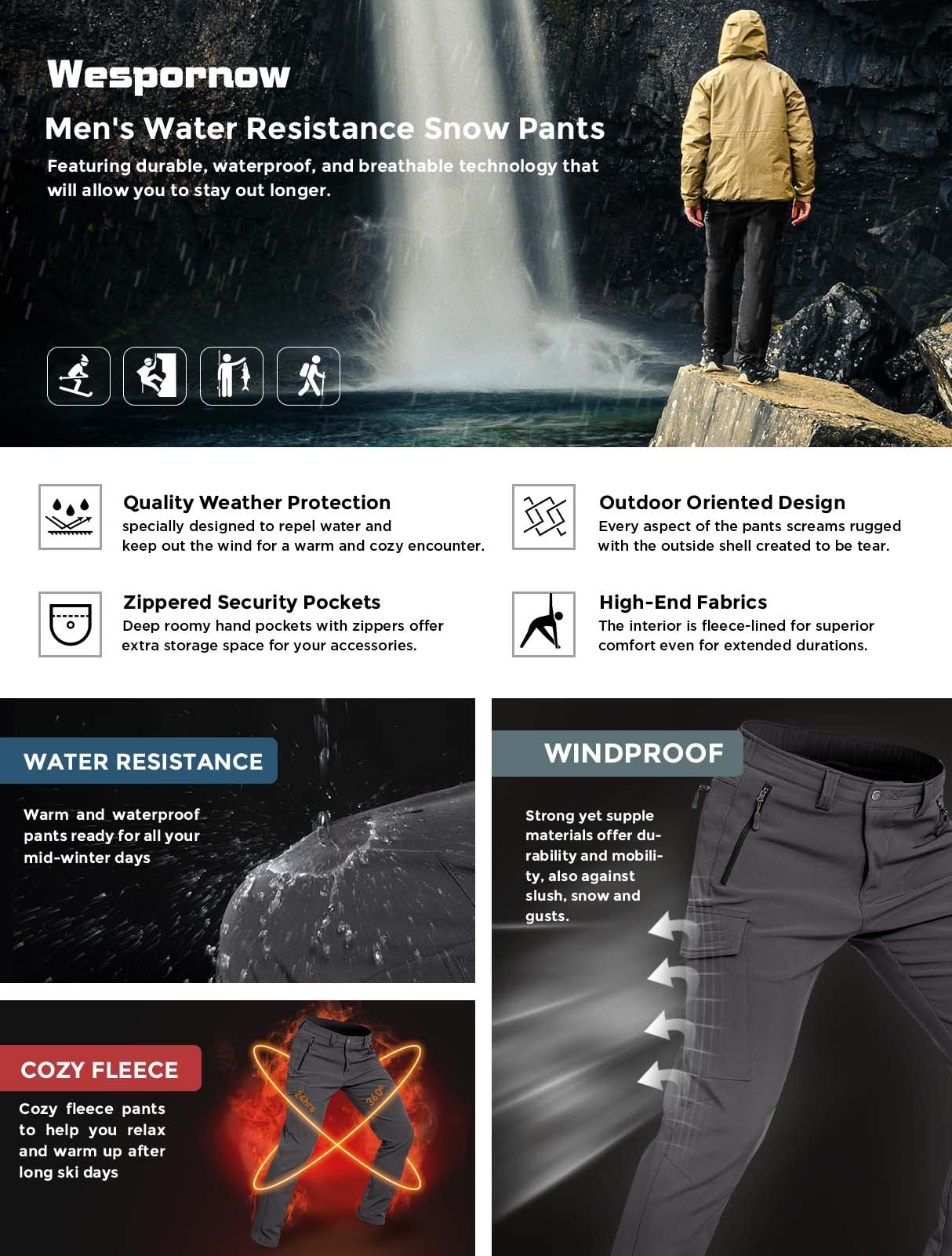 Wespornow Men's-Fleece-Lined-Hiking-Pants Water-Resistance-Snow-Ski-Pants Softshell Snowboarding Pants for Winter, Skiing, Outdoor (Grey, X-Large)