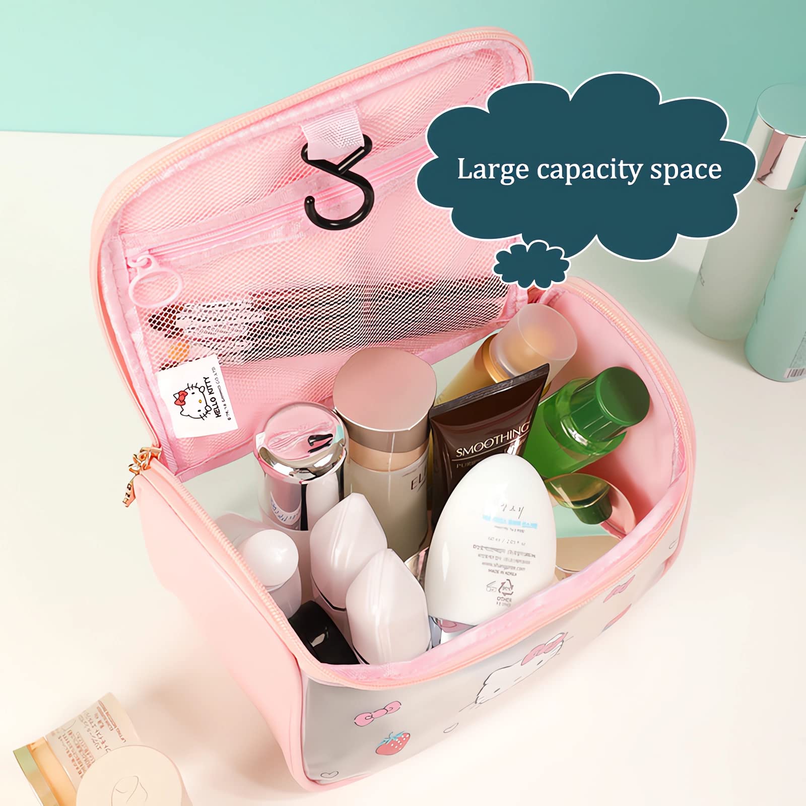 WIEEZN Cute Toiletry Bag for Women Girls, PU Leather Translucent Waterproof Makeup Cosmetic Bag, Travel Makeup Bag Organizer
