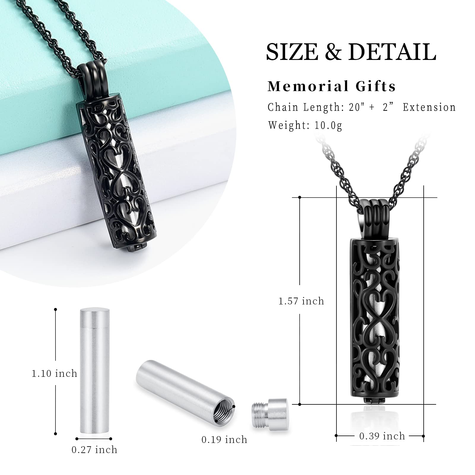 shajwo Cylinder Urn Necklace for Ashes for Women Men Cremation Jewelry Keepsake Memorial Human Pet Ashes Pendant,Black+Silver