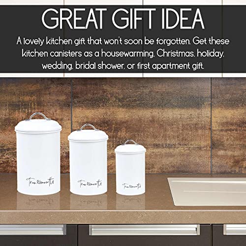 True Moments Nesting Kitchen Canisters, Set of 3 for Countertop Storage, Airtight White Farmhouse Canister Jars with Removable Chalkboard Labels and Marker (White, Black)