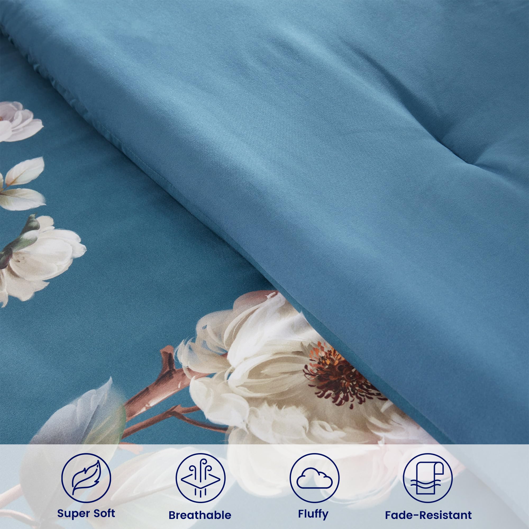 SLEEP ZONE Elegant Peony Blue King Size Comforter Set Bed in a Bag - 7 Pieces with 1 Soft Reversible Comforter(90x102), 1 Fitted Sheet, 1 Flat Sheet, 2 Pillow Sham, 2 Pillowcase