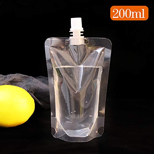 VEIREN 50 Pack Plastic Spout Pouches Reusable Clear Stand Up Concealable Liquid Drinking Flasks Portable Wine Liquor Milk Beverage Jelly Coffee Water Bag for Home Travel Party Wedding Supplies, 200ml