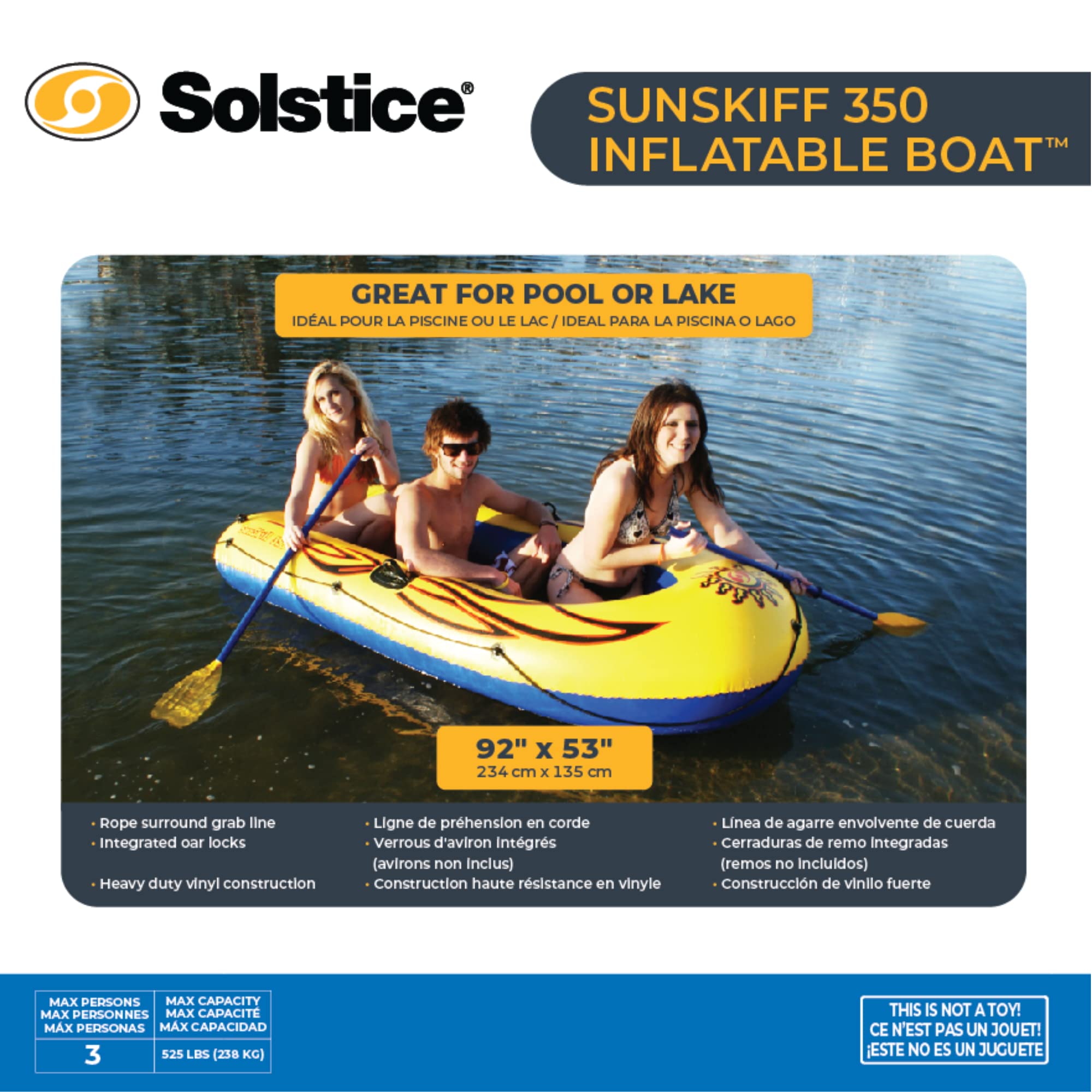 Solstice Inflatable Boat Rafts 3 Person for Adults & Kids Comes W/ Oars Paddles-Pump Pole Oar Holders Cushioned Comfortable Base Grab Line 8 Ft Size Sunskiff Kits Dinghy Air Floor Yellow