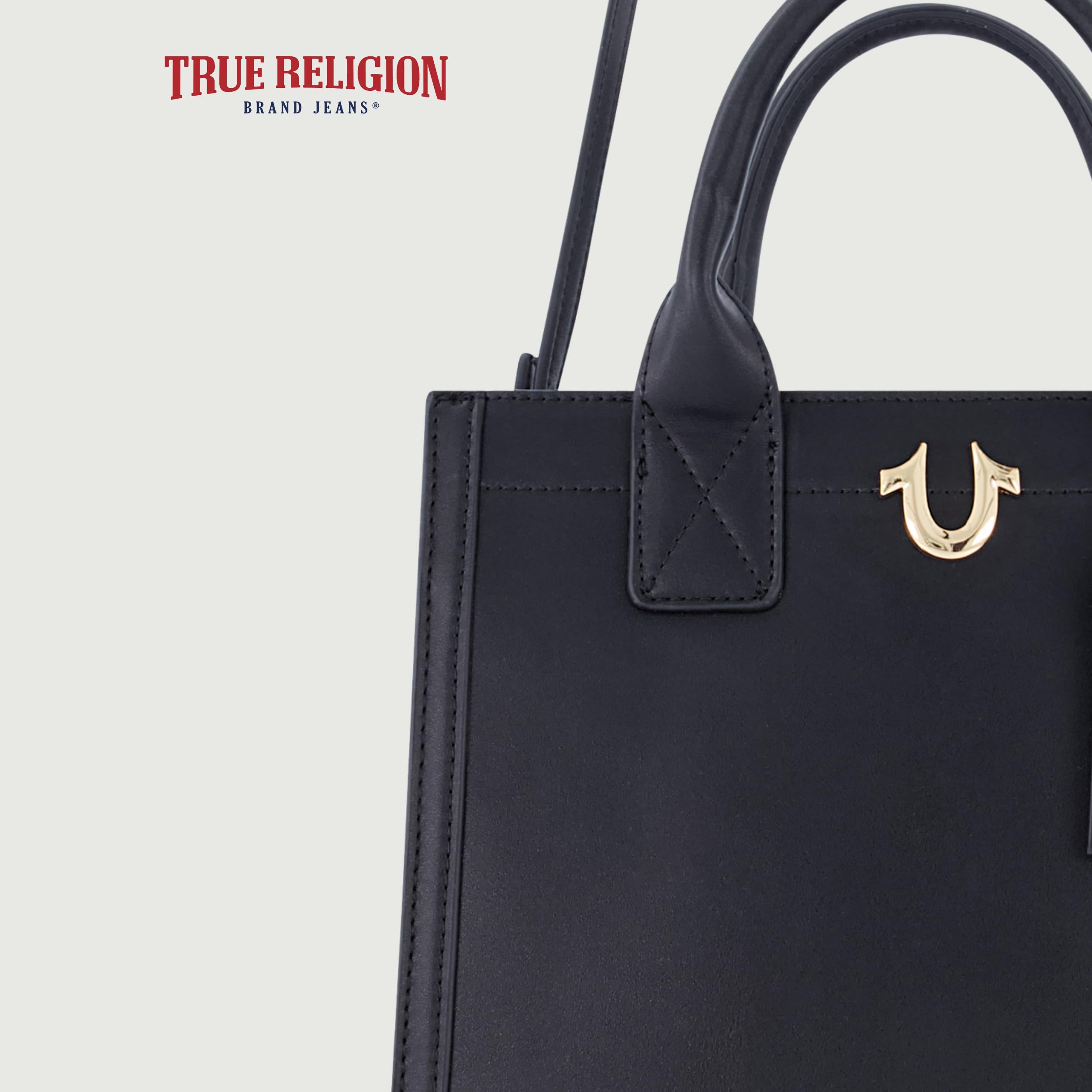 True Religion Tote, Women's Medium Travel Bag with Adjustable Strap and Horseshoe Logo, Black