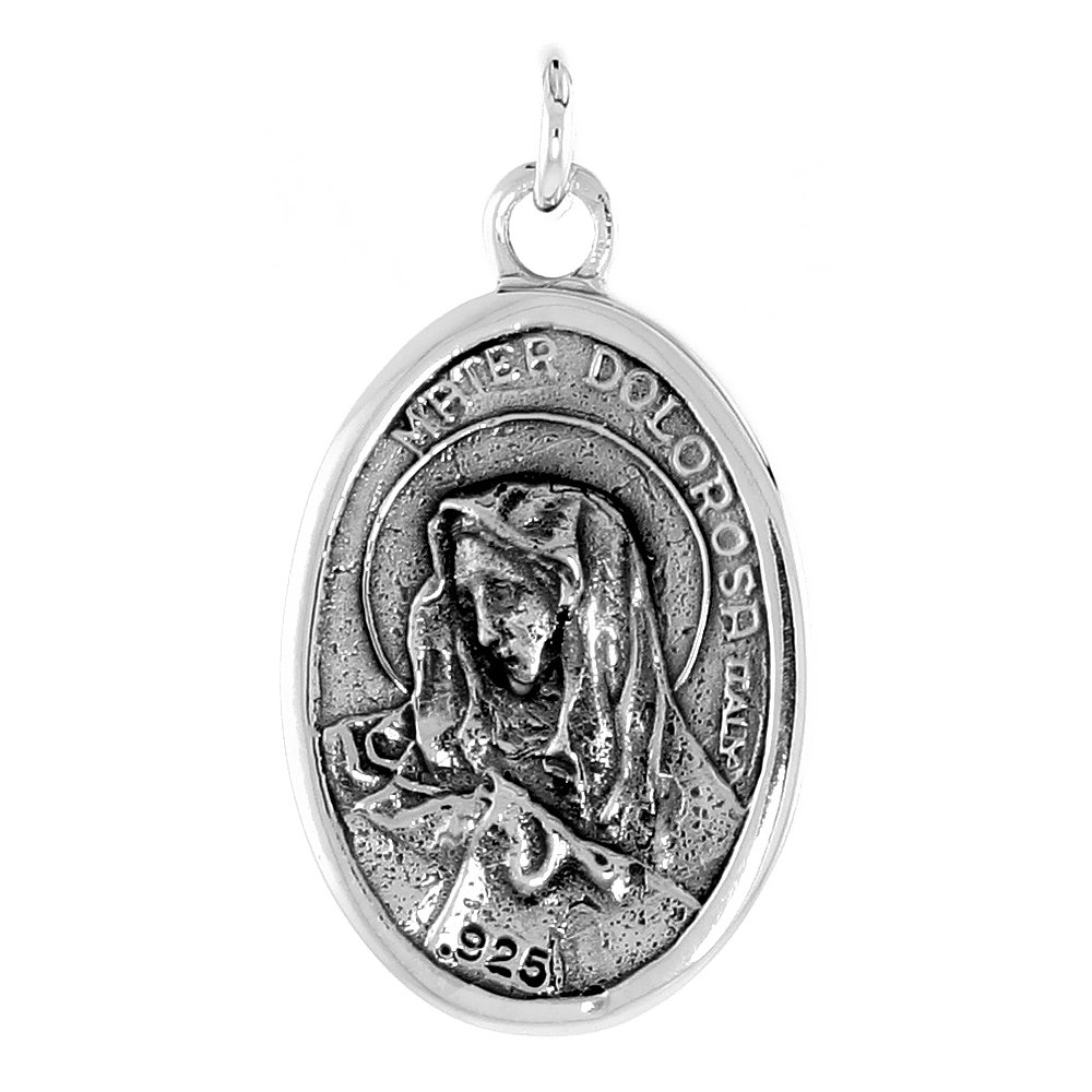 Sterling Silver Jesus with Crown of Thorns Sorrowful Mother Medal Pendant Oxidized finish Double Sided Oval 1 inch
