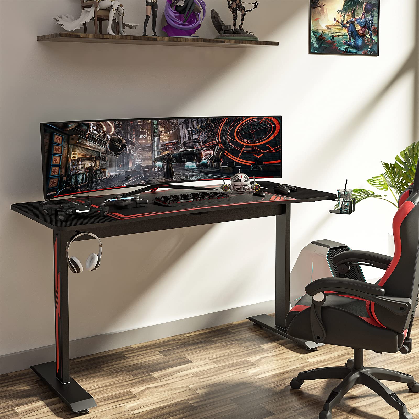 Sleepmax 55 Inch Gaming Desk, Heavy-duty Gaming Computer Table with Carbon Fiber Surface & Large Mouse Pad, Black PC Desk Gamer Setup with Cup Holder, Headphone Hook & Adapter Organizer